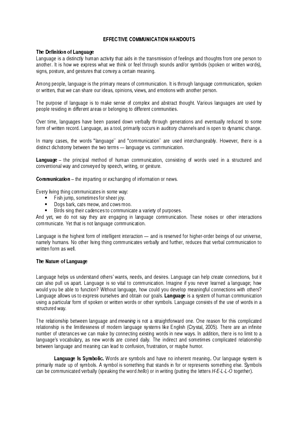 Effective Communication Handouts: Understanding Language and Its Role ...