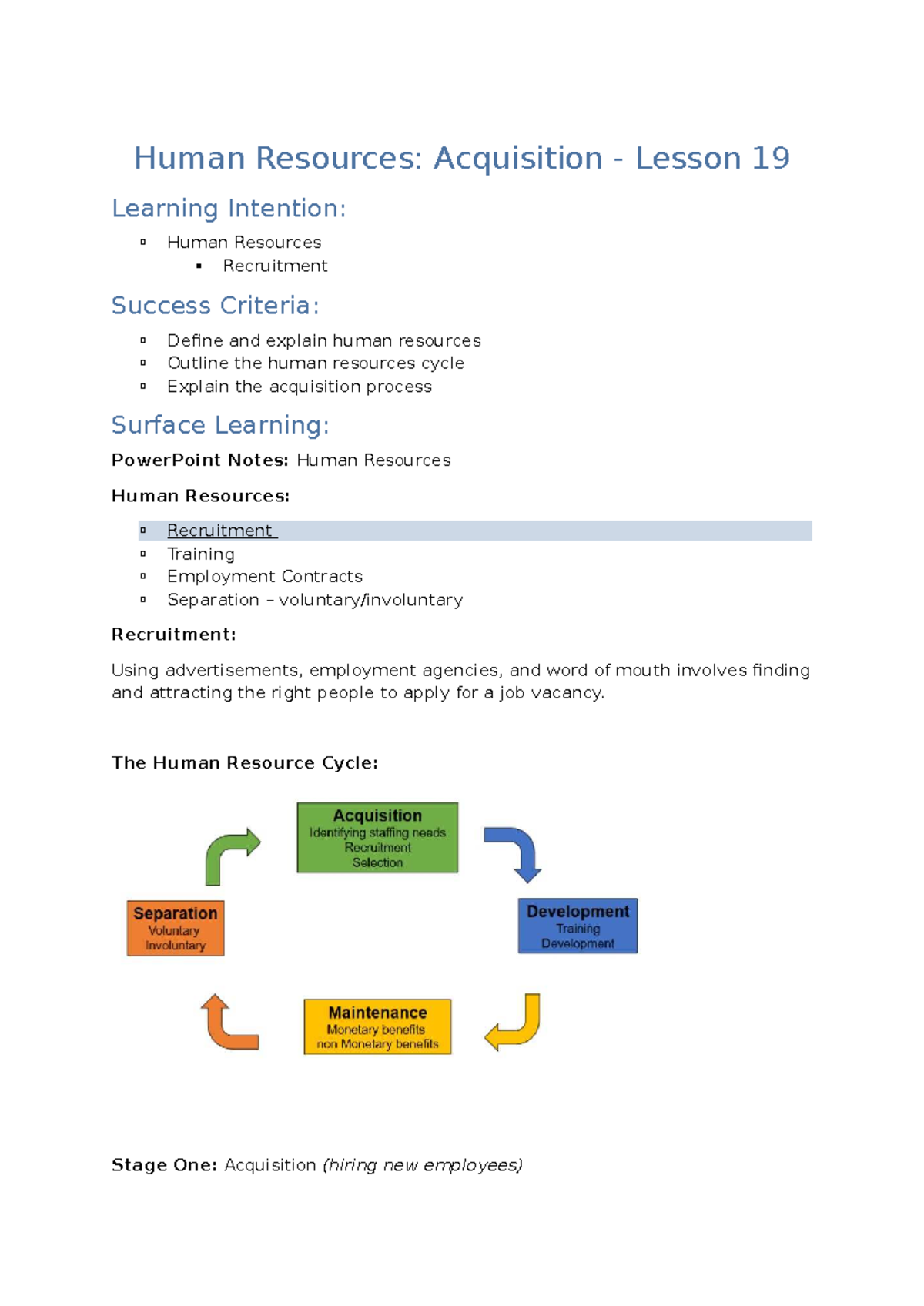 Business Studies - HR: Recruitment, Training & Employment Contracts ...