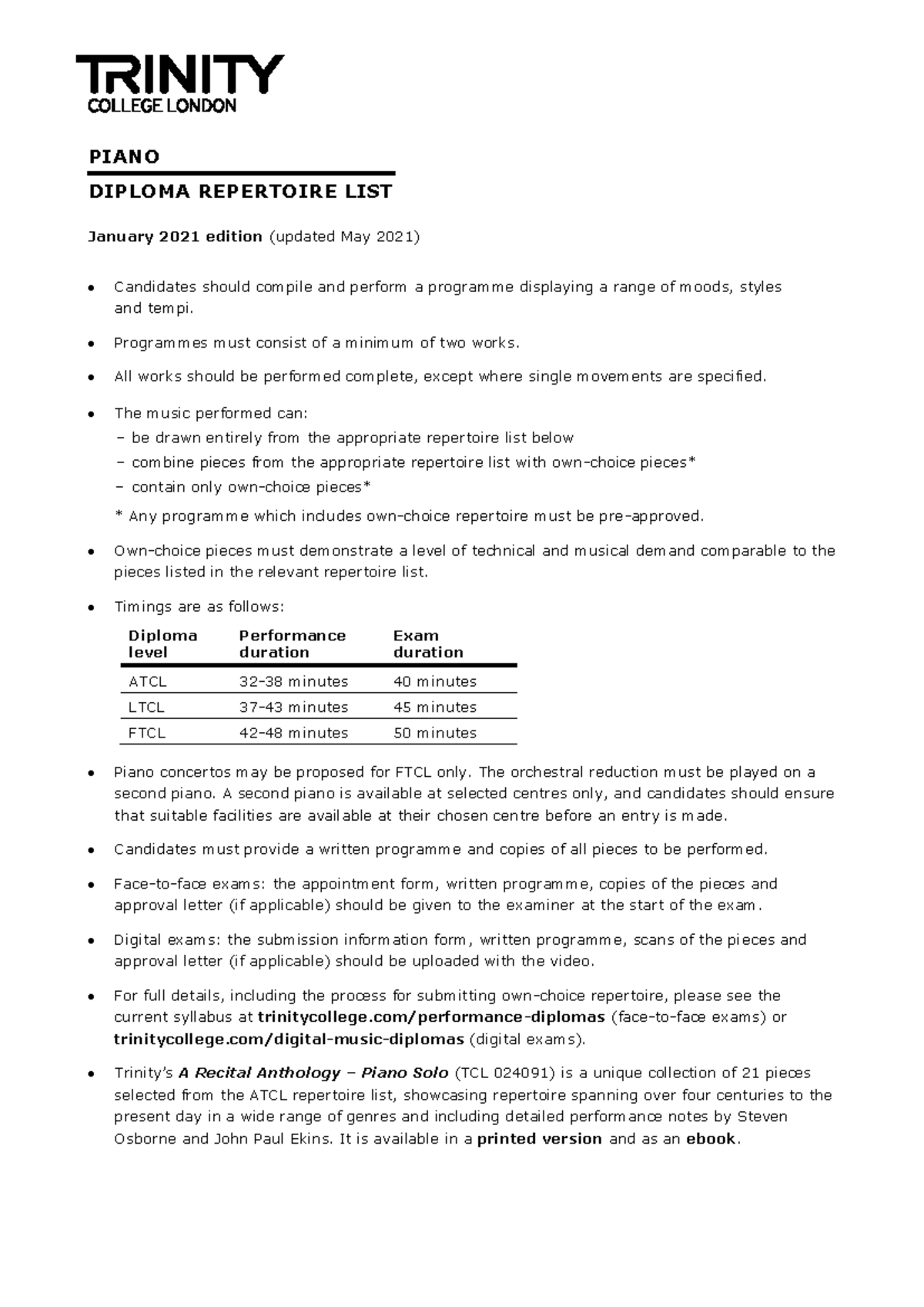 Piano Diploma Repertoire List - Updated May 2021 (ATCL, LTCL) - Studocu