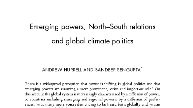Emerging Powers North South Relations AND Global Climate Politics ...