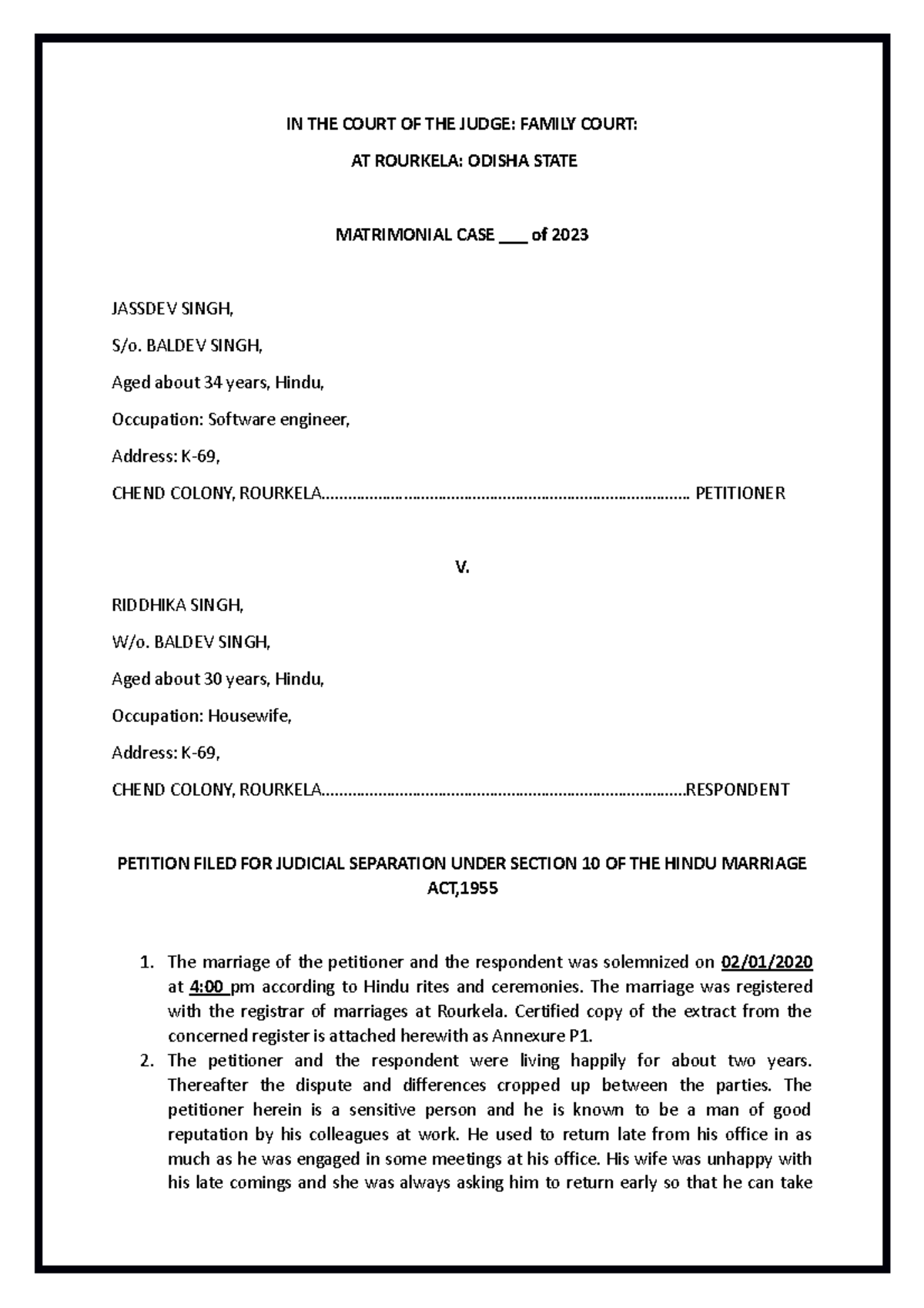Judicial Separation Case under HMA Sec 10 - Matrimonial Case 2023 - Studocu