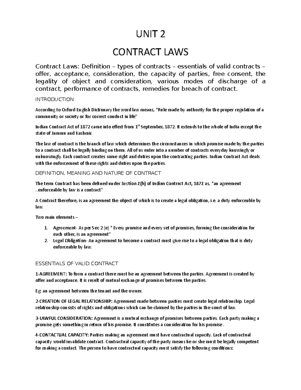 Contract Law Notes - Key Concepts and Essentials of Validity - Studocu