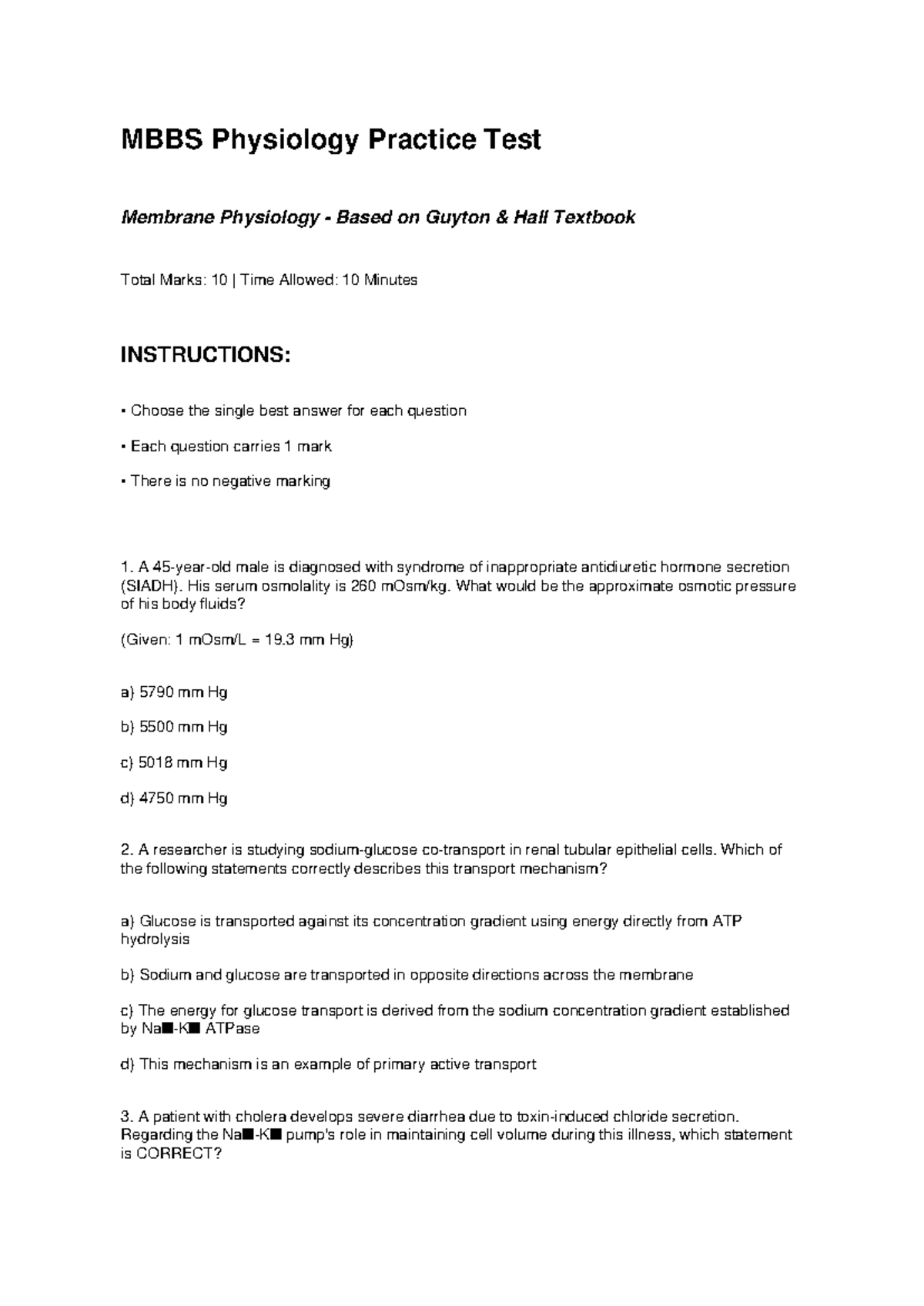 MBBS Physiology Practice Test: Membrane Physiology Insights - Studocu