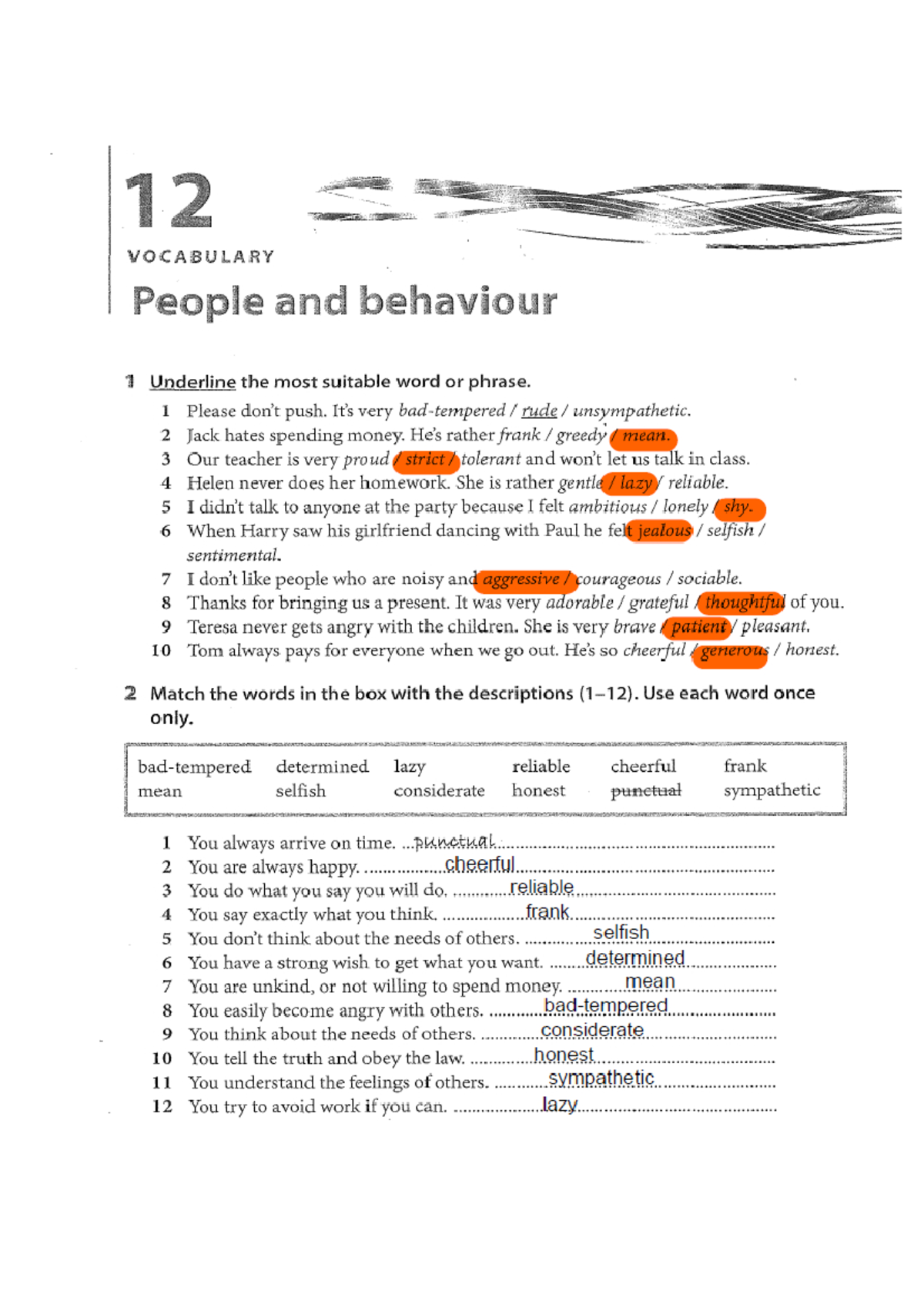 12 VOCABULARY: People and Behavior - Word Matching Exercise - Studocu