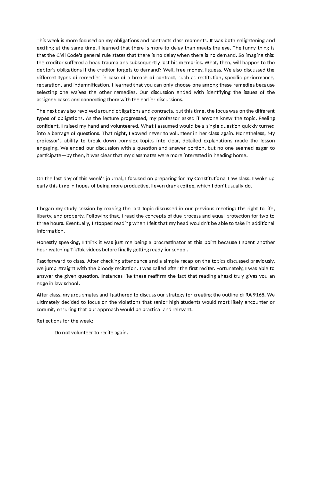 Obligations & Contracts Reflections: Insights from Class (LAW101) - Studocu