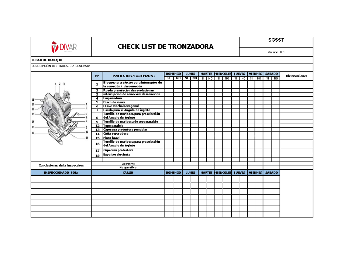 Inspección de Tronzadora - SGSST Check List Version 001 - Studocu