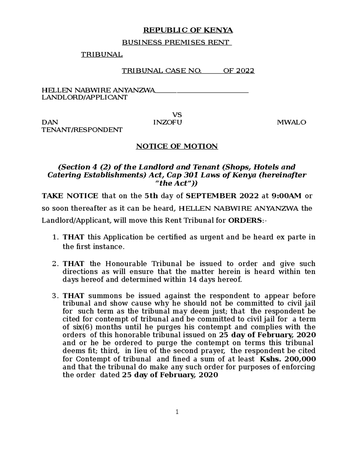 Hellen Anyanzwa Notice of Motion for Tribunal Case No. 2022 - Studocu