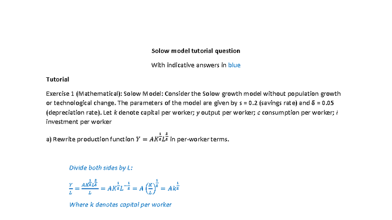 Solow Model Tutorial Exercise 1: Indicative Answers and Analysis ...