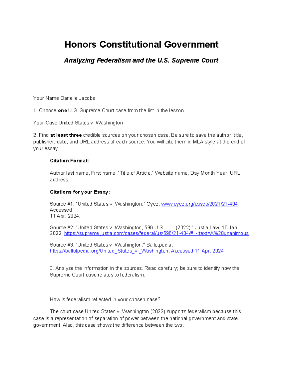 Honors U.S. Government 2.09H Essay: Analyzing Federalism in Supreme ...