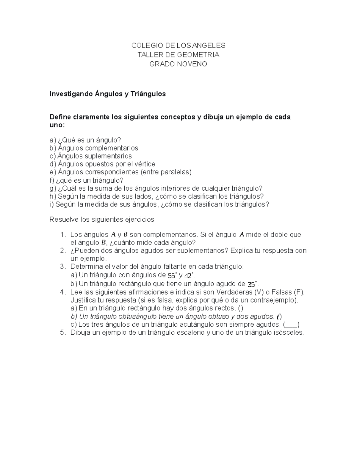 Taller de Geometría 9° Grado: Ángulos y Triángulos - Studocu