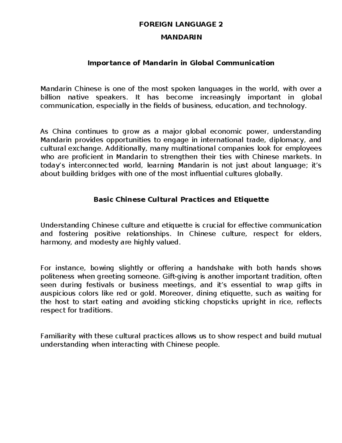FOREIGN LANGUAGE 2 MANDARIN: The Role of Mandarin in Global ...