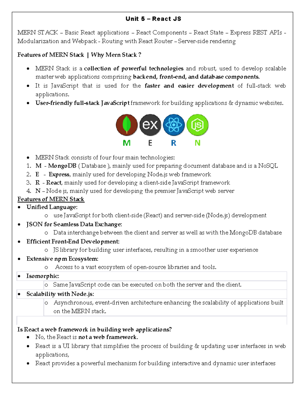 Unit 5 Lecture Notes on React JS: Exploring MERN Stack and Components ...