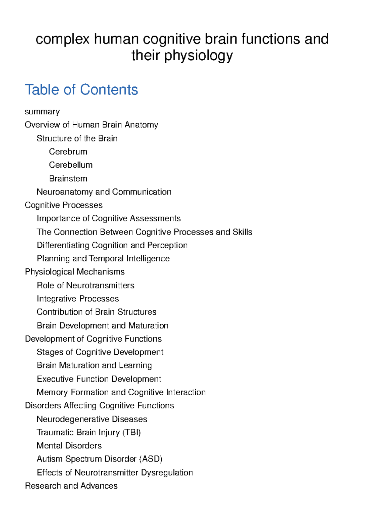 Cognitive Brain Functions and Physiology: An In-Depth Overview - Studocu