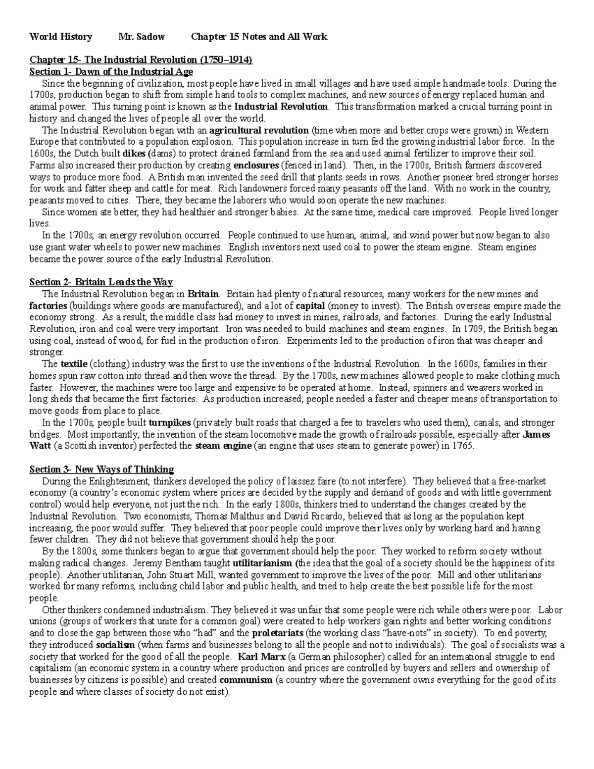 World History Ch. 15: The Industrial Revolution Overview - Studocu