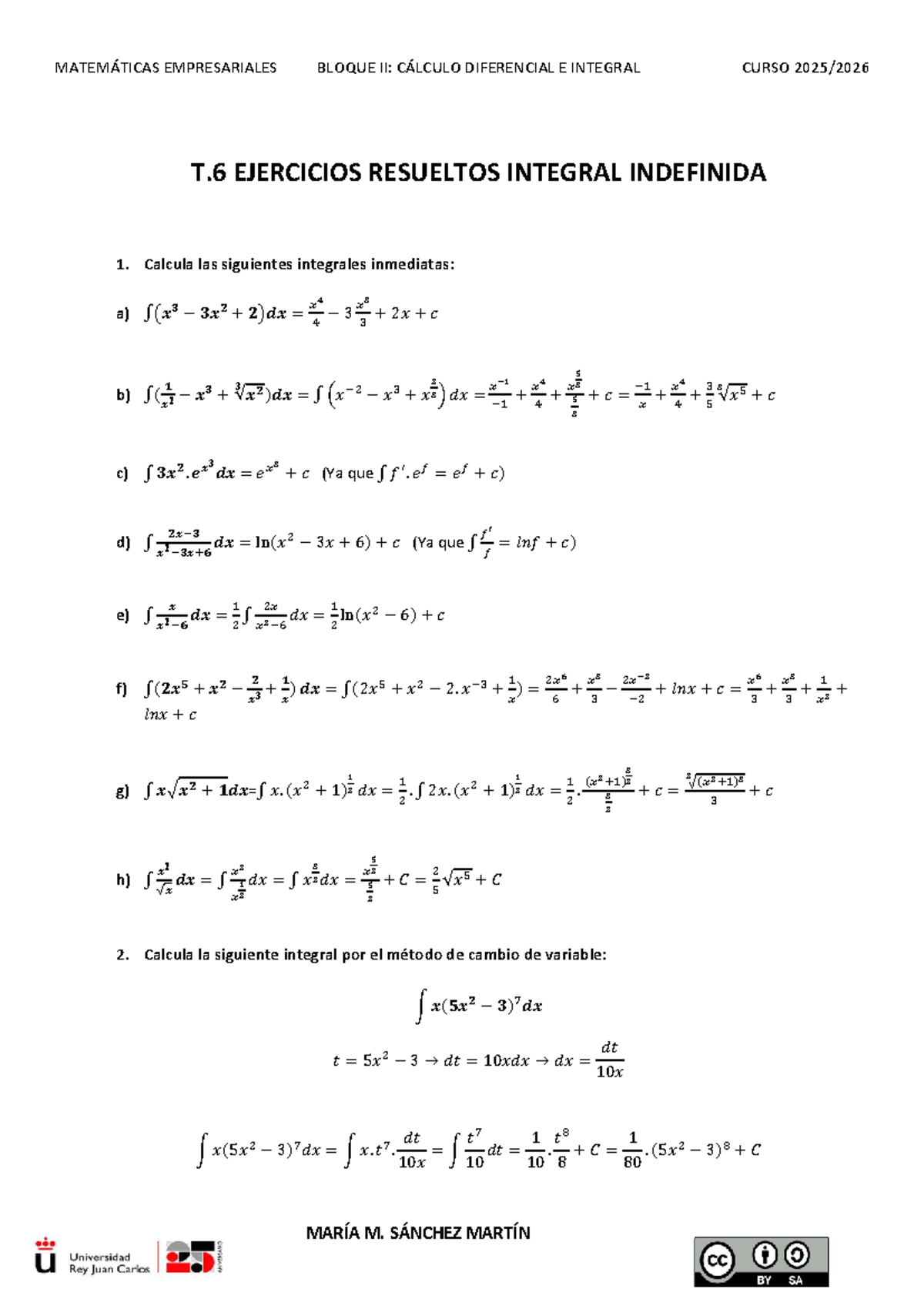 T 6 Ejercicios Resueltos De Integral Indefinida Matemáticas