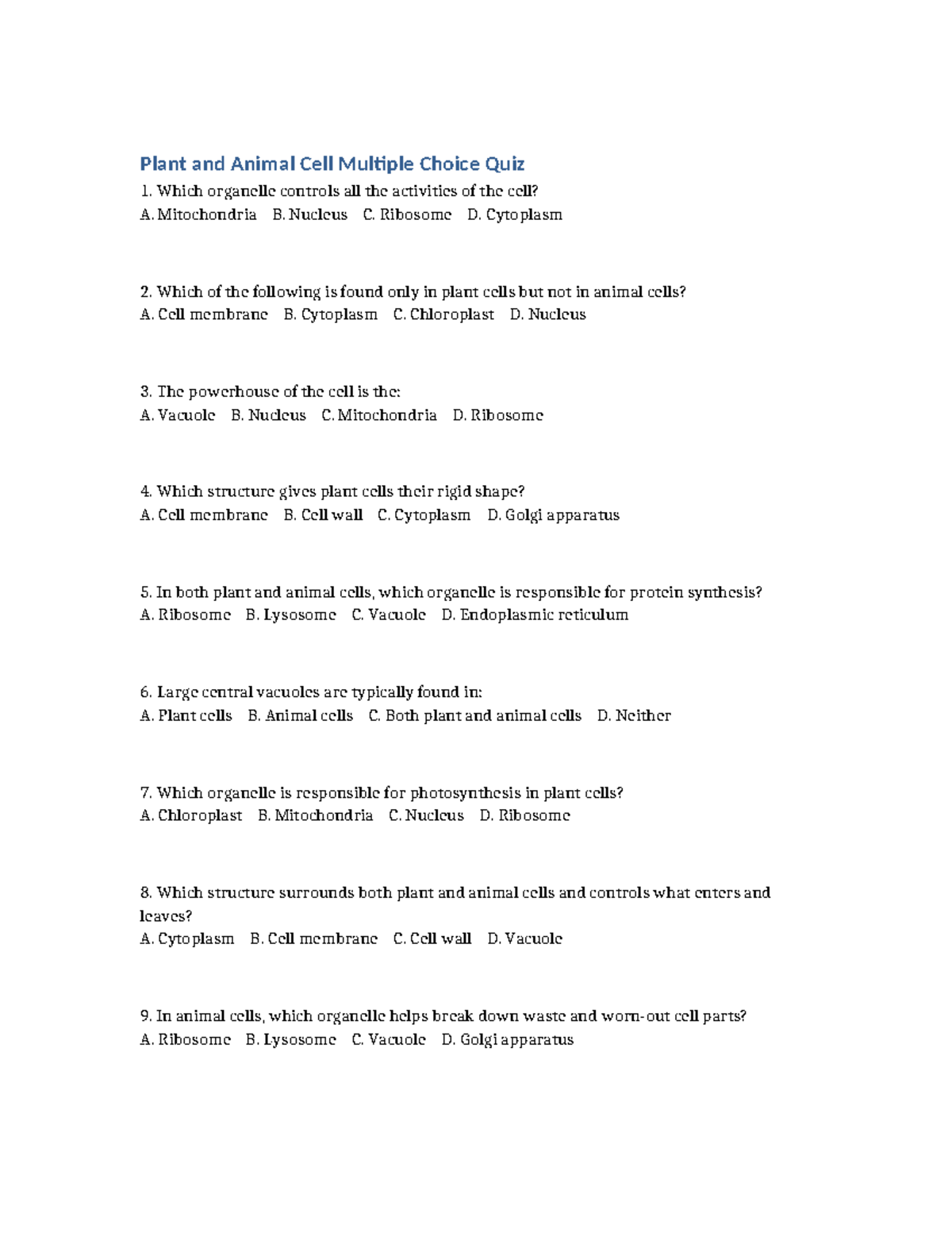 BIO101 Plant and Animal Cell MC Quiz 1 - Studocu