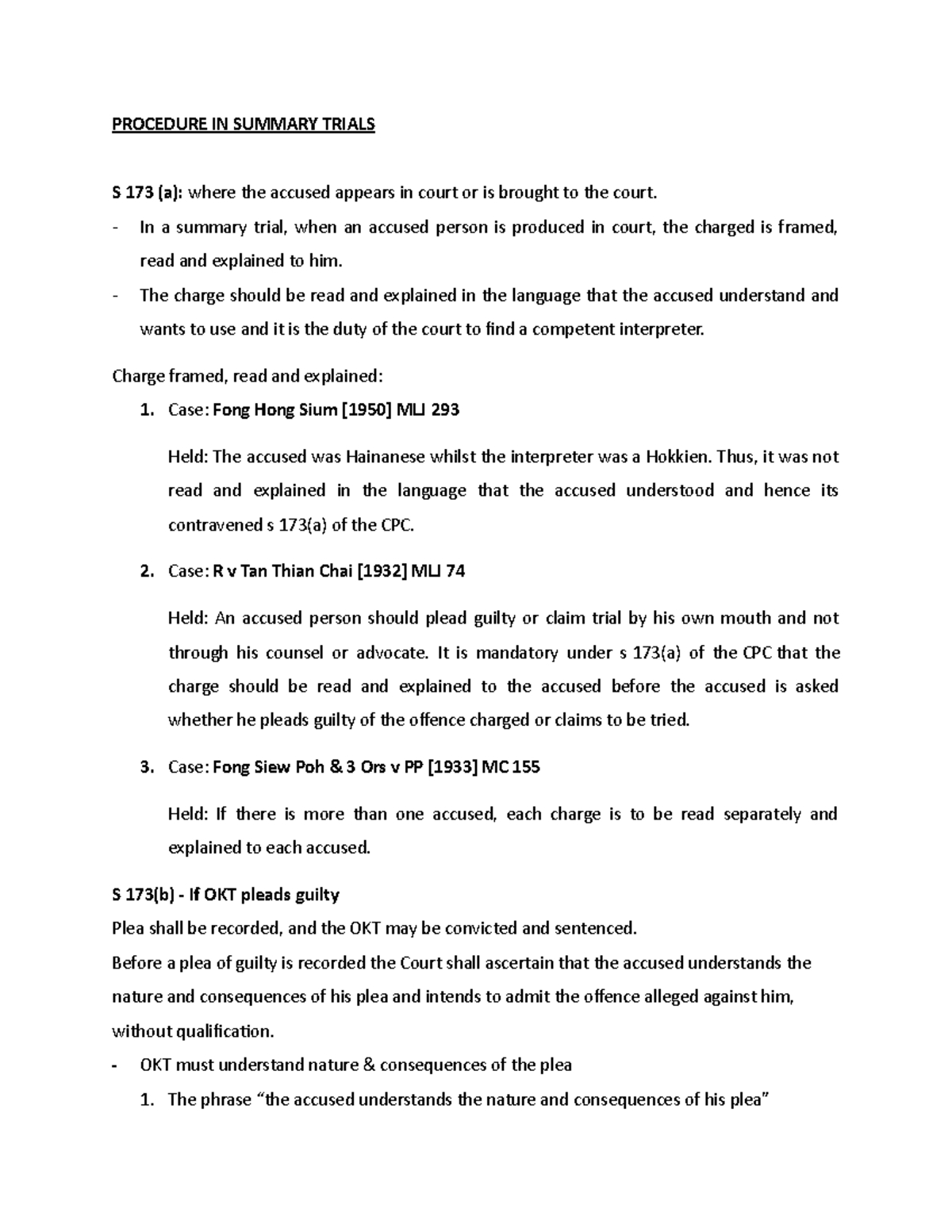 Understanding Procedure in Summary Trials: Key Sections and Cases - Studocu