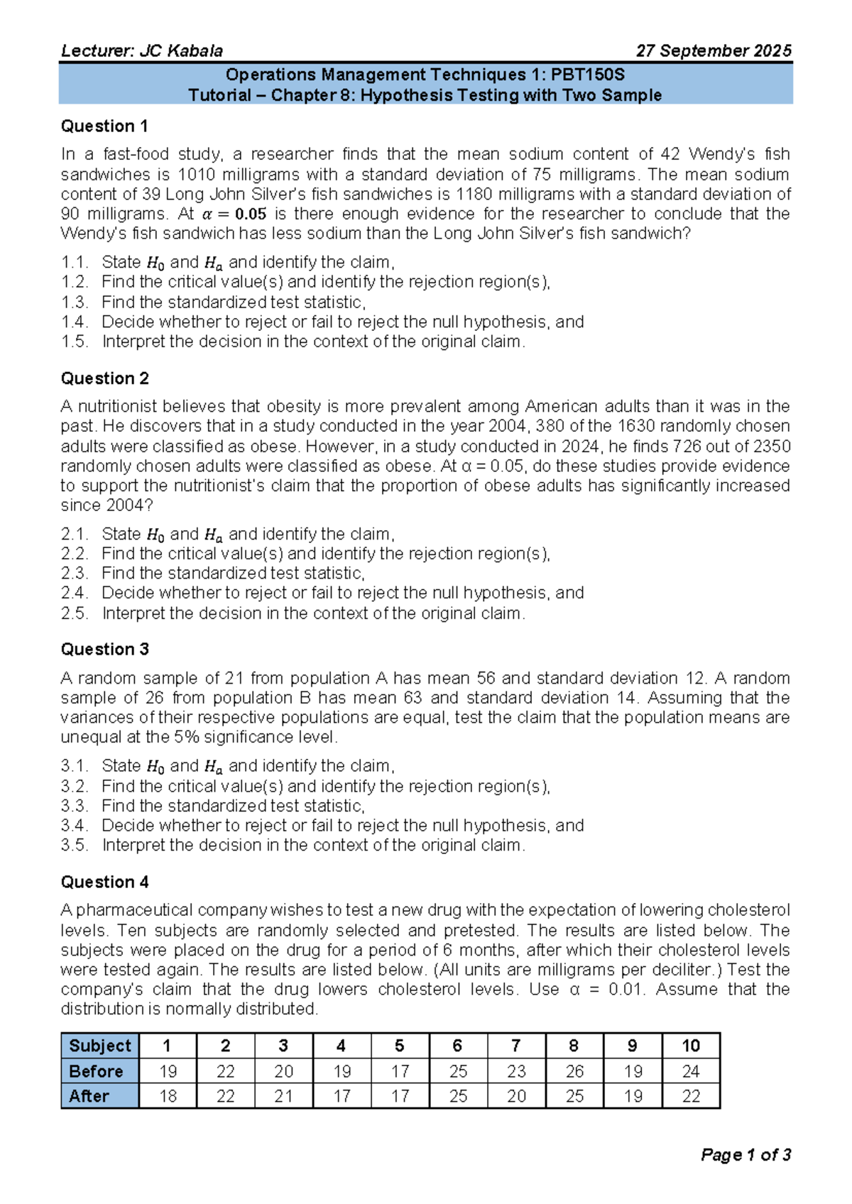 PBT150S Tutorial Chapter 8: Hypothesis Testing Techniques 2025 - Studocu