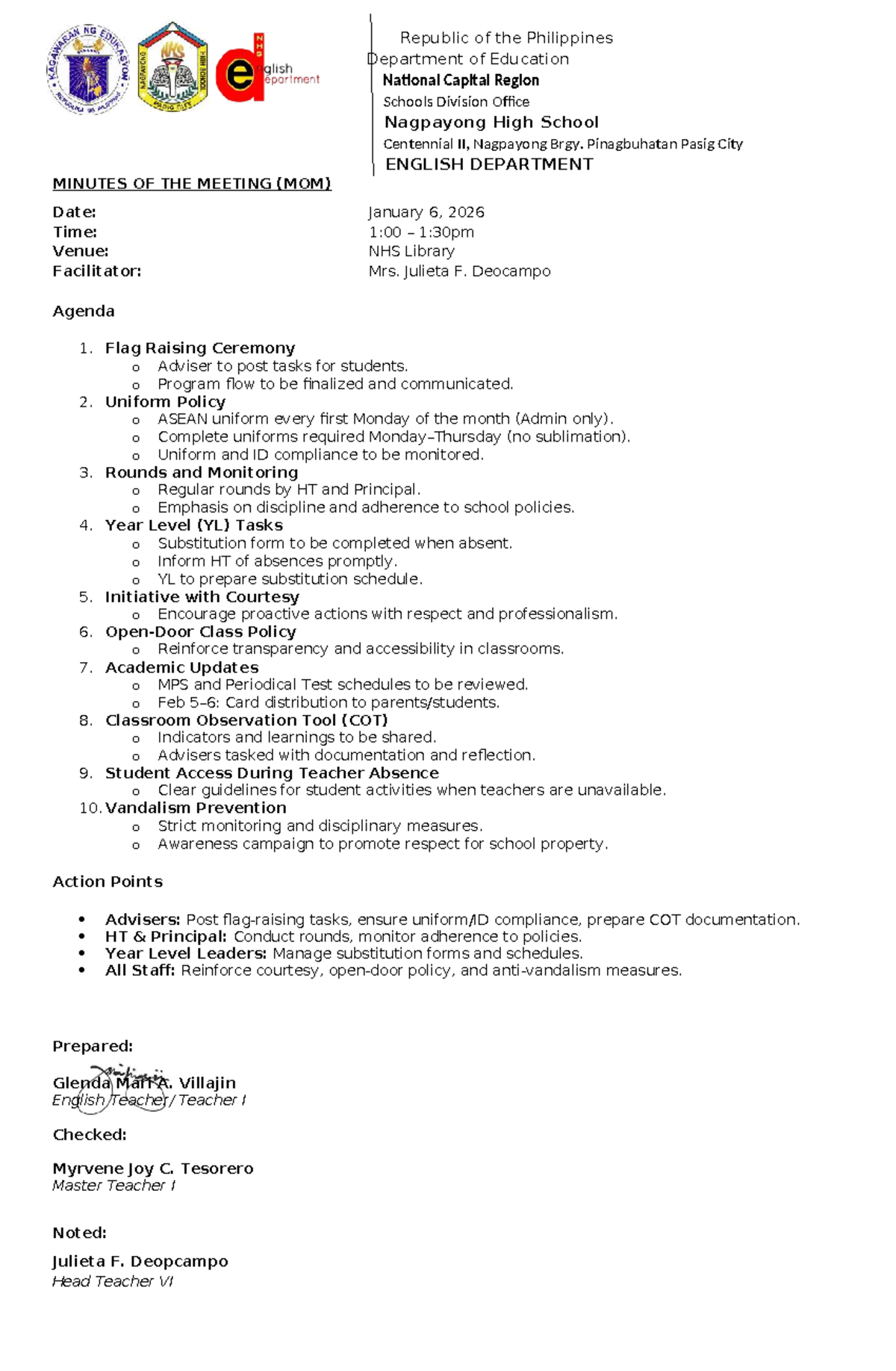 MOM Minutes of Meeting - English Dept. January 6, 2026 - Studocu