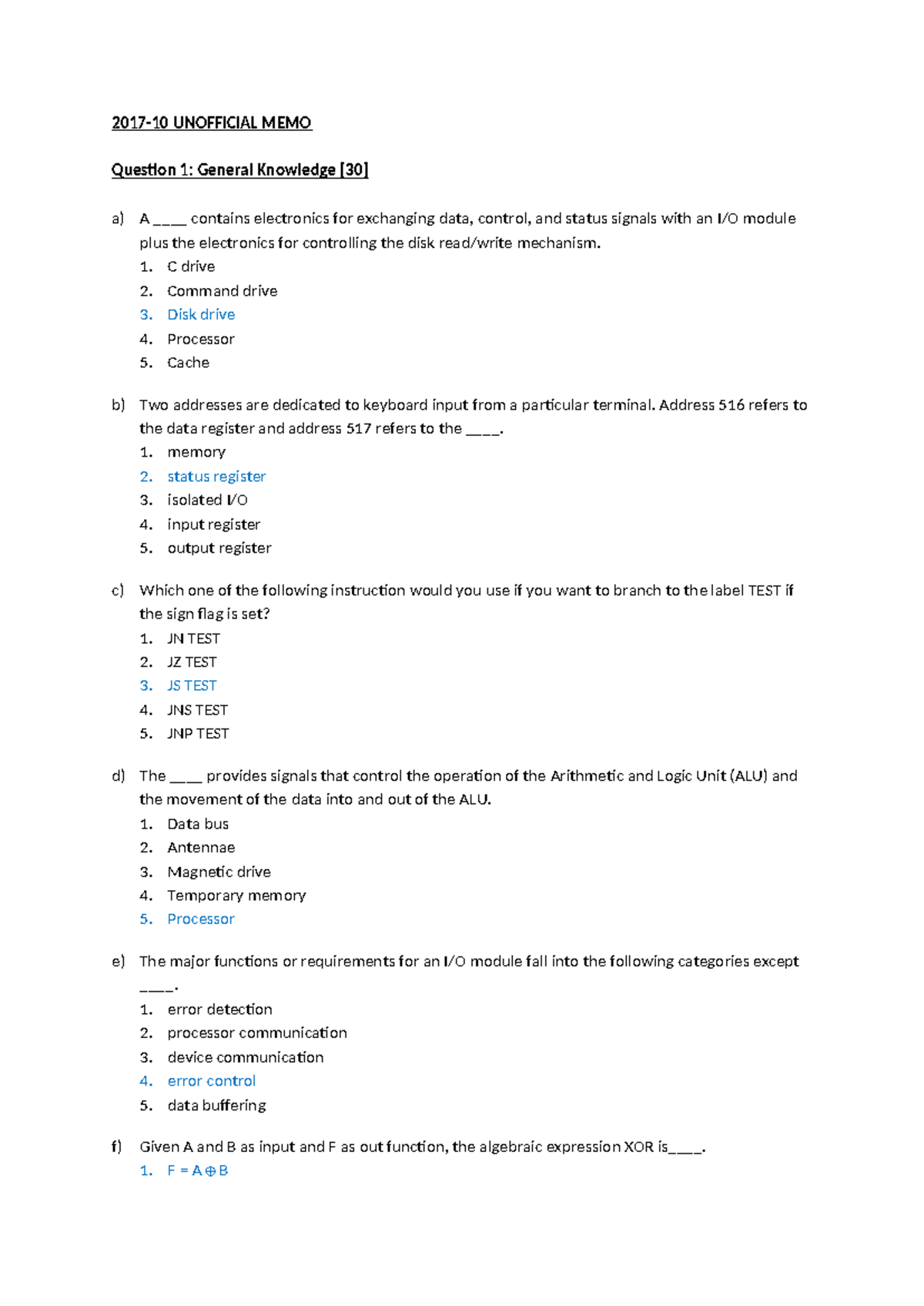 2017-10-Memo: General Knowledge Questions & Assembly Programming - Studocu