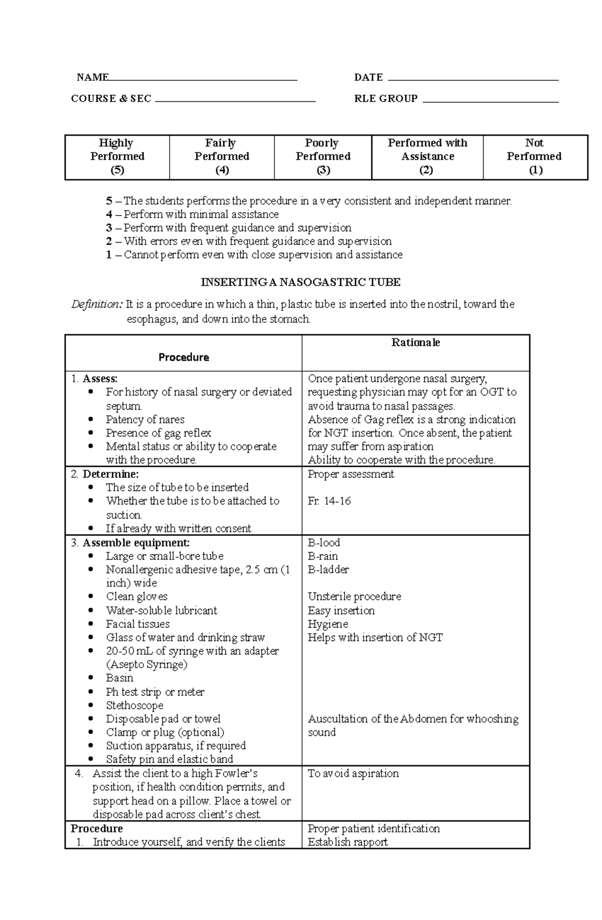 NGT Insertion Checklist with Rationale for RLE Course - Studocu