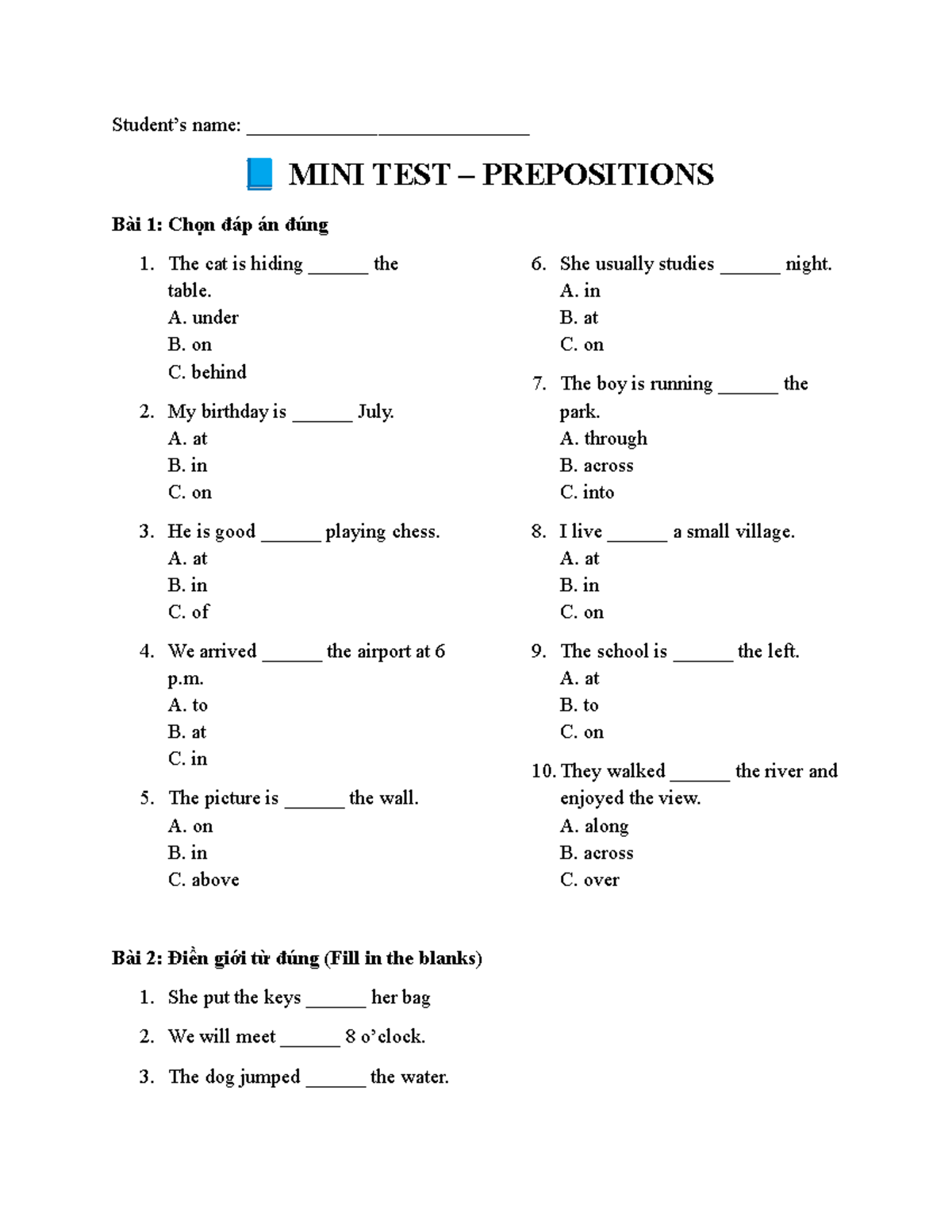 MINI TEST PREPOSITIONS - Bài 1 & Bài 2 Questions - Studocu