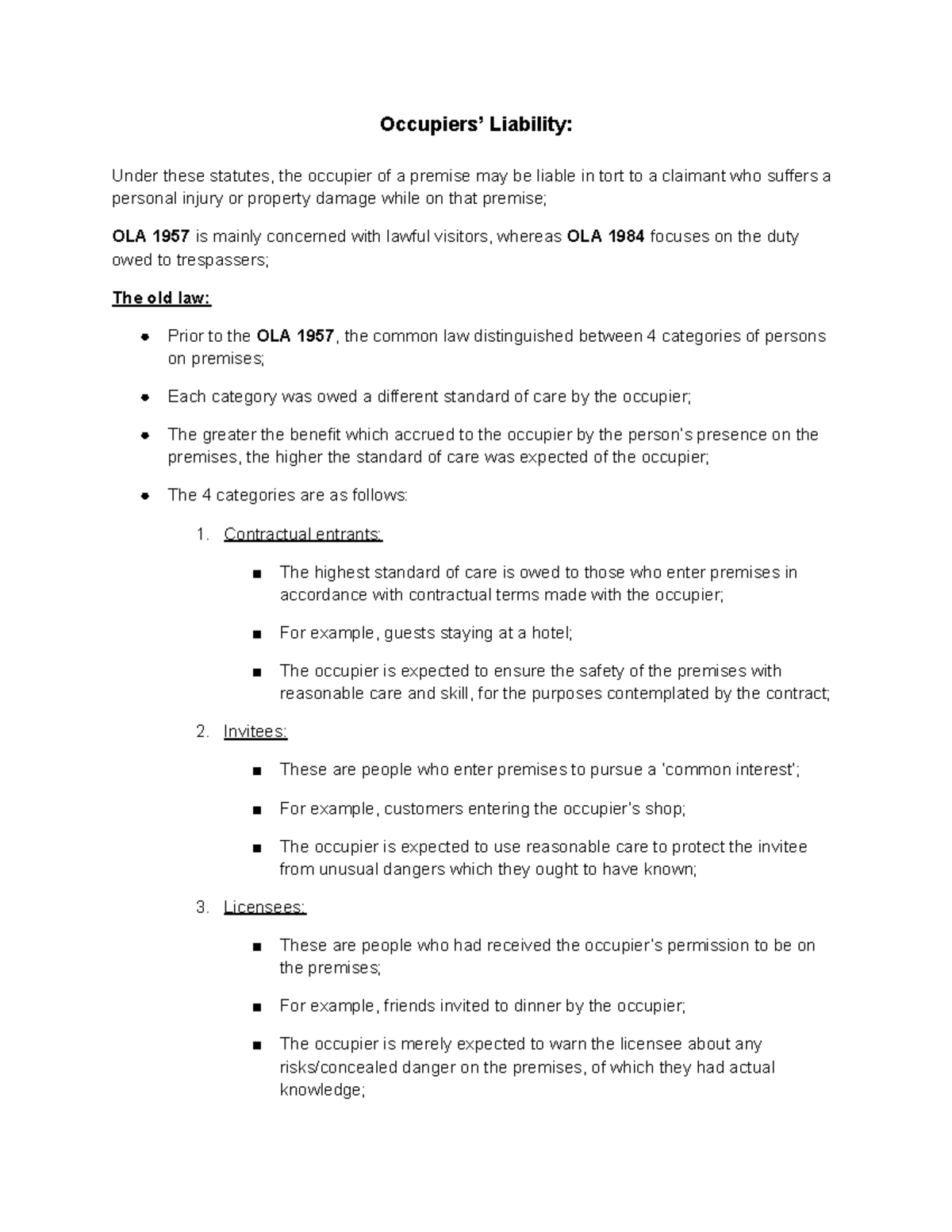 OLA 1957: Liability and Duty of Care - Comprehensive Notes - Studocu