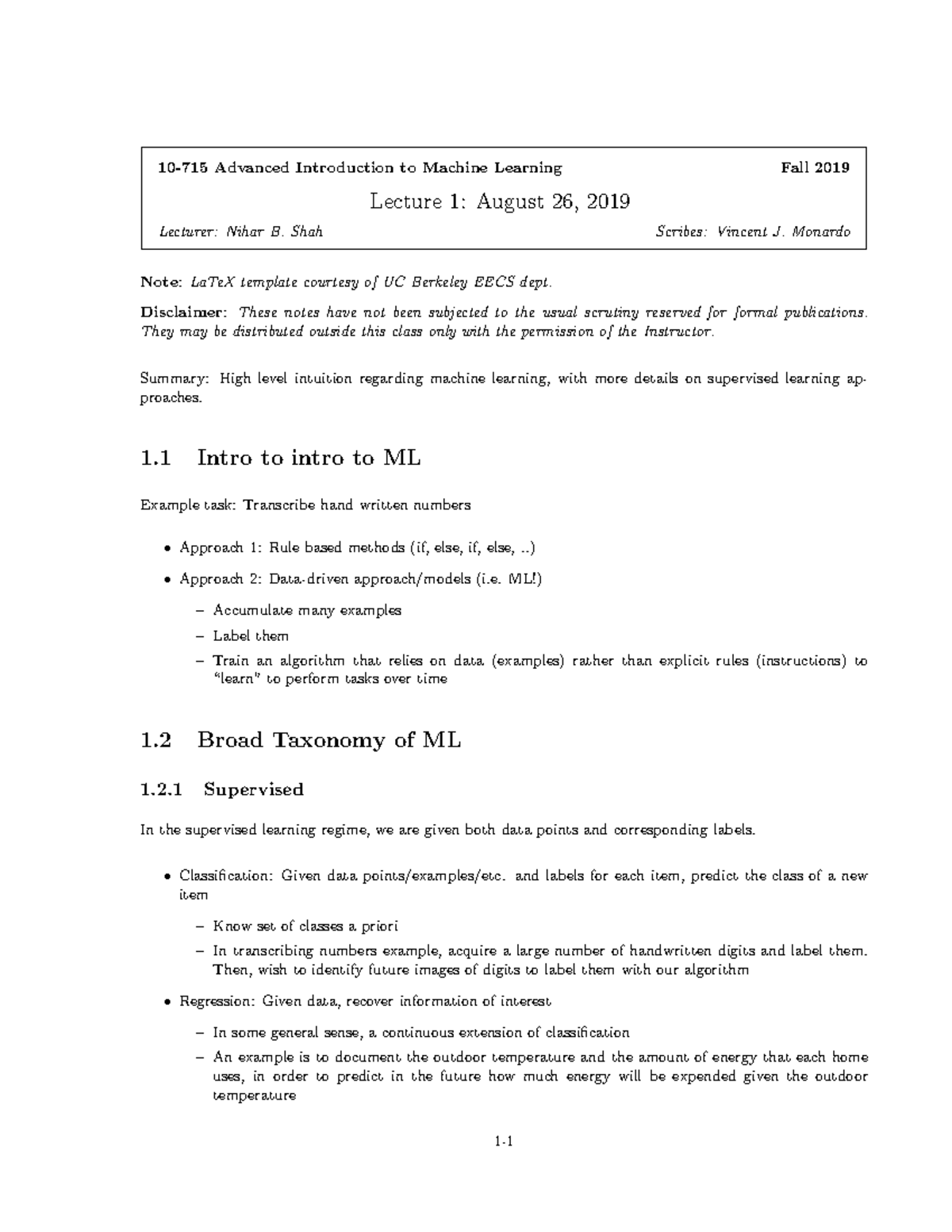 ML1: Advanced Intro to Machine Learning - Lecture 1 Notes (Fall 2019 ...