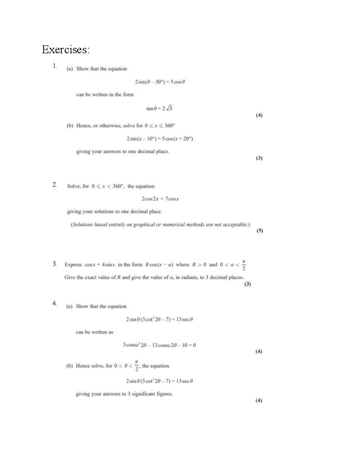 Chapter 3 & 4 Exercises: Trigonometric Functions and Identities - Studocu