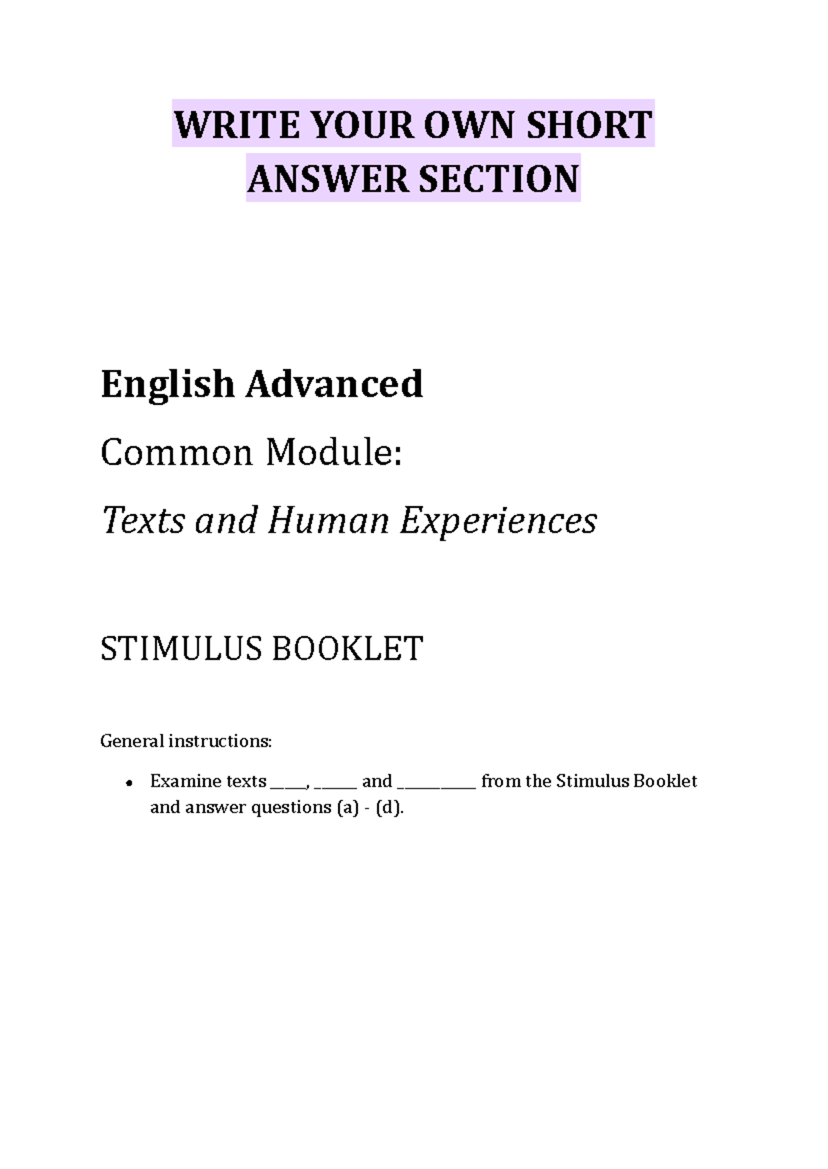 ENGA 12 Advanced Common Module: Texts & Human Experiences Short Answer ...