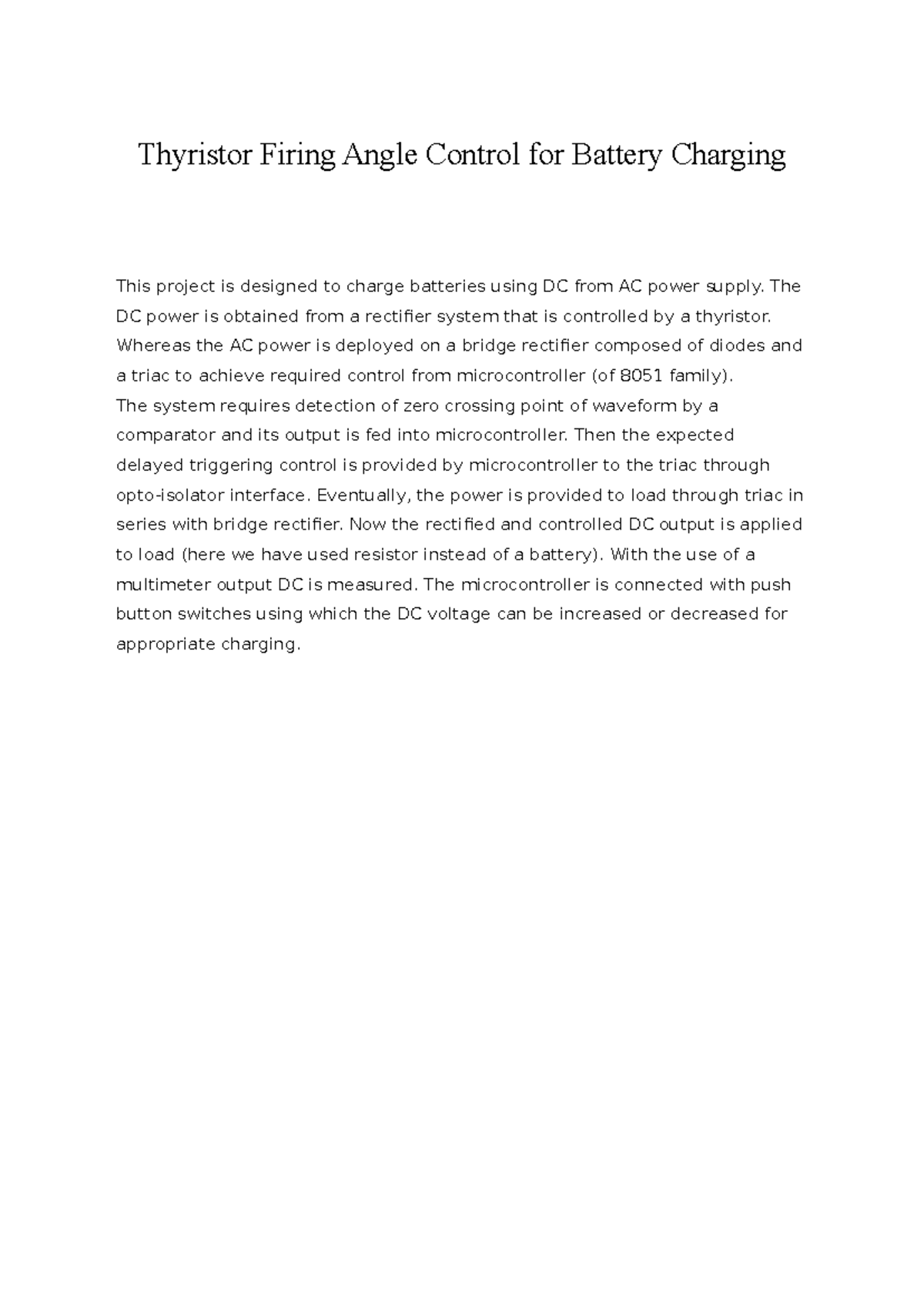 N020 - Mini Project on Thyristor Control for Battery Charging - Studocu