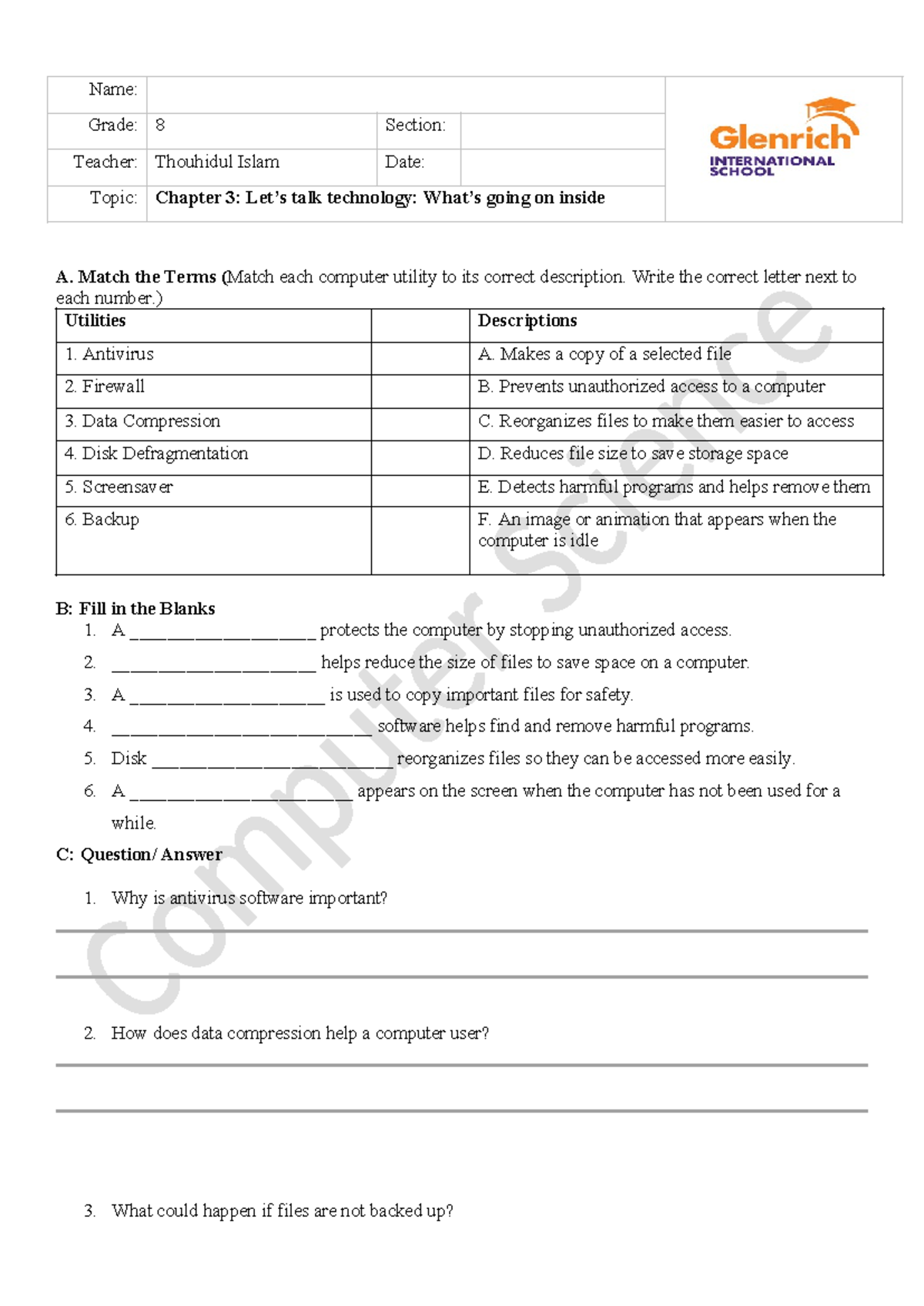 G8 Ch 3 WS 01 - Revision Worksheet on Technology Concepts - Studocu