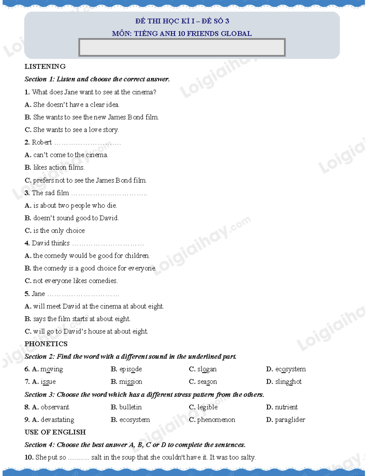 HK1 - BT TA cuối kì 1 lớp 10 Friend global - LISTENING Section 1: Listen and choose the correct ...