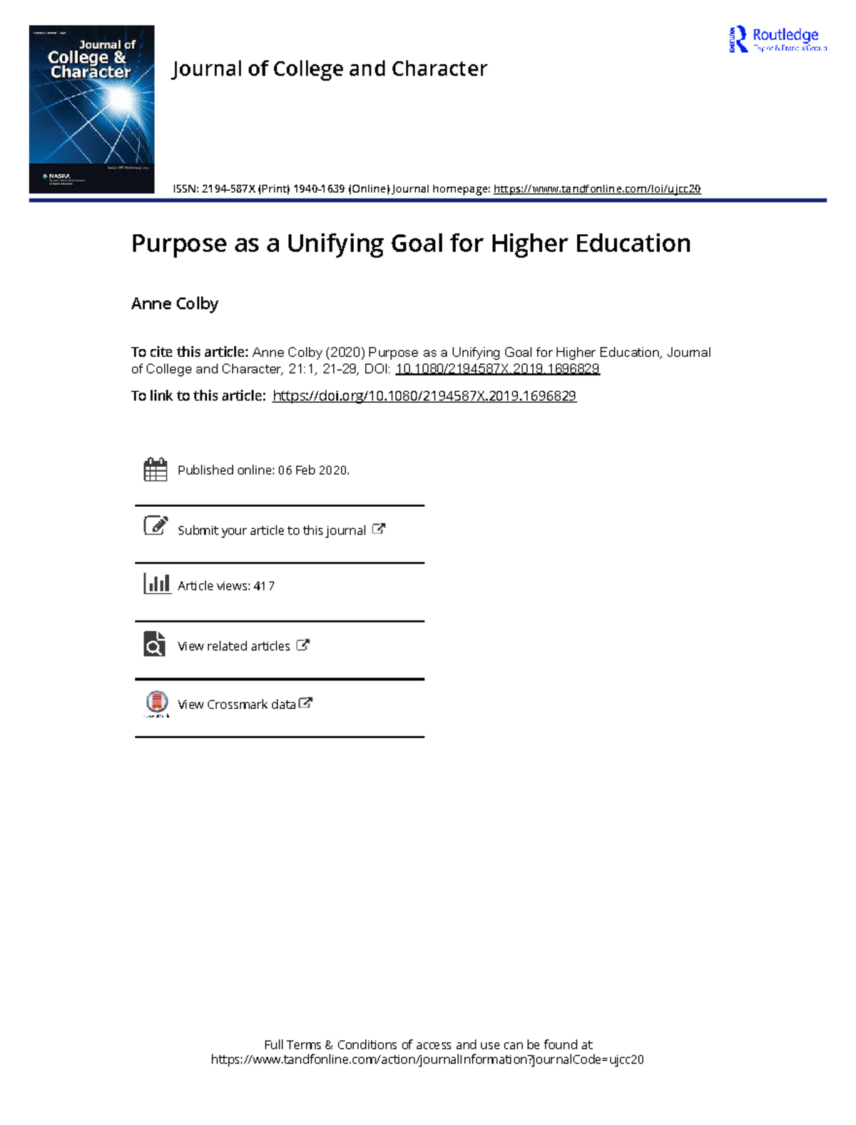 Purpose as a Unifying Goal for Higher Education: Insights ...