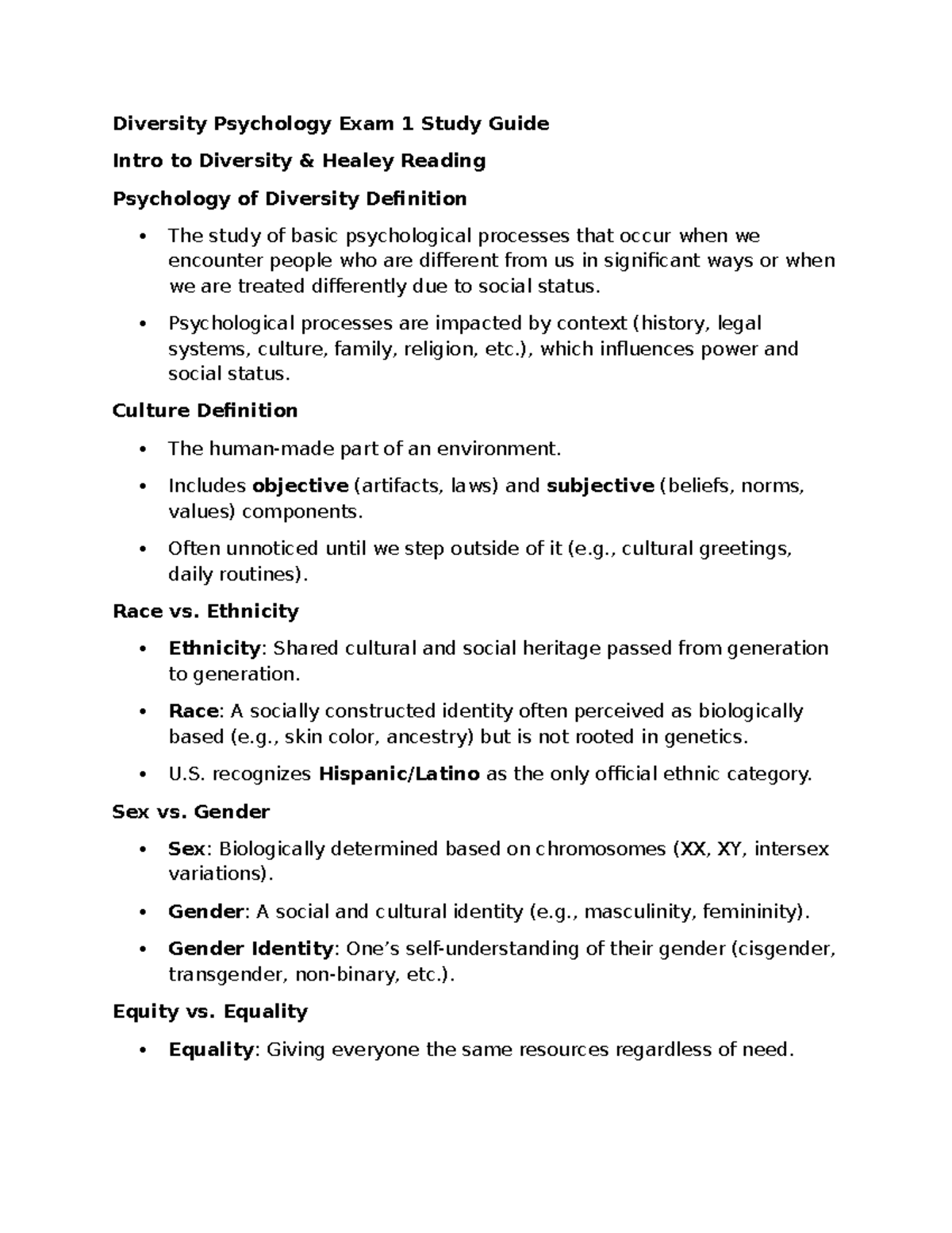 Psych of Diversity Study Guide - Diversity Psychology Exam 1 Study ...