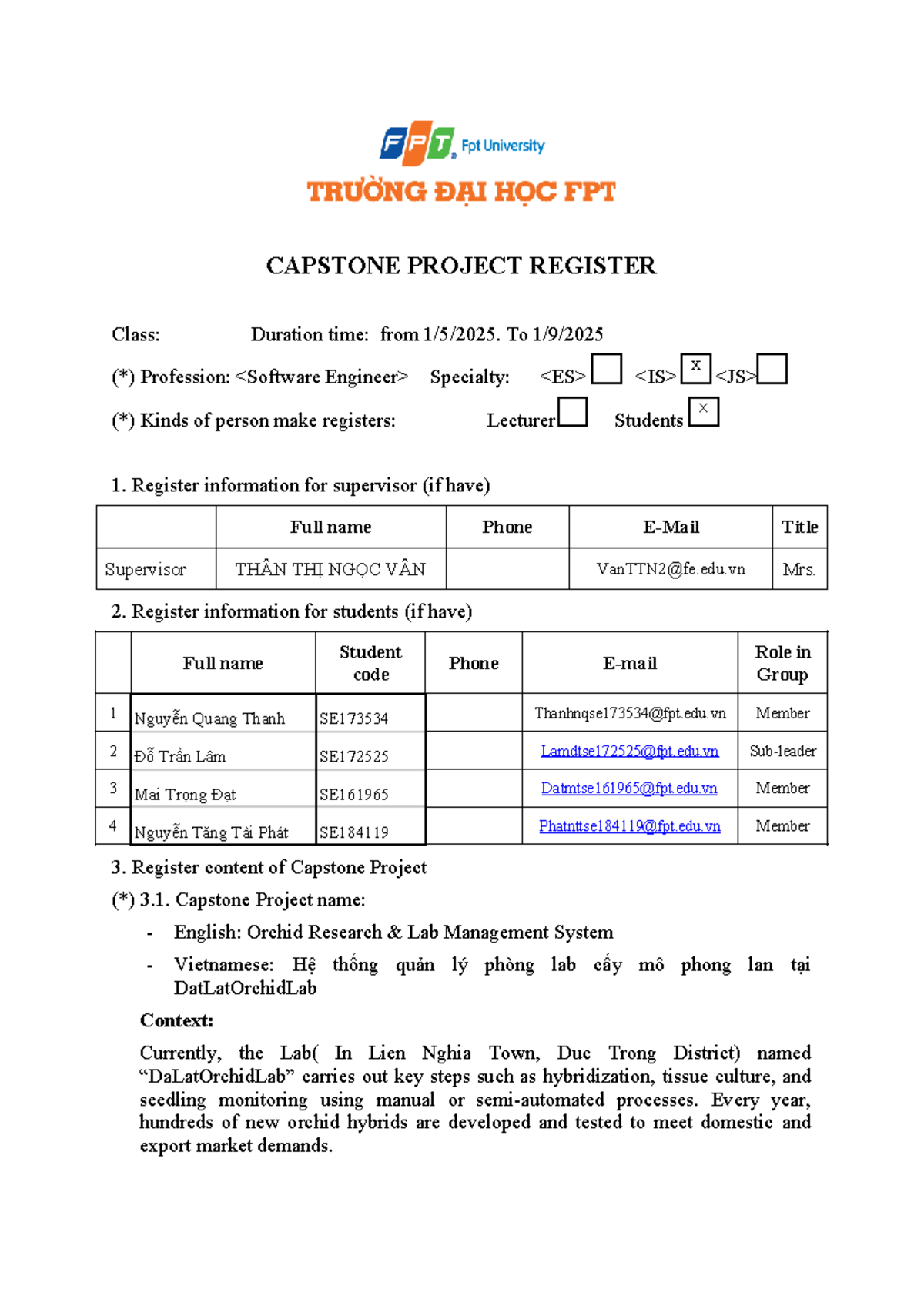 SU25SE050 Capstone Project Register: Orchid Research Lab Management ...