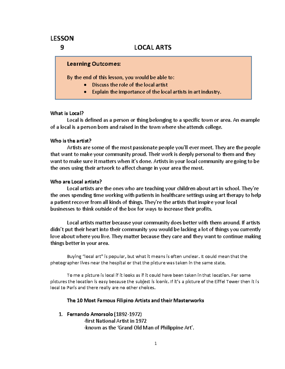 Lesson 9: Local Arts and the Impact of Community Artists - Studocu
