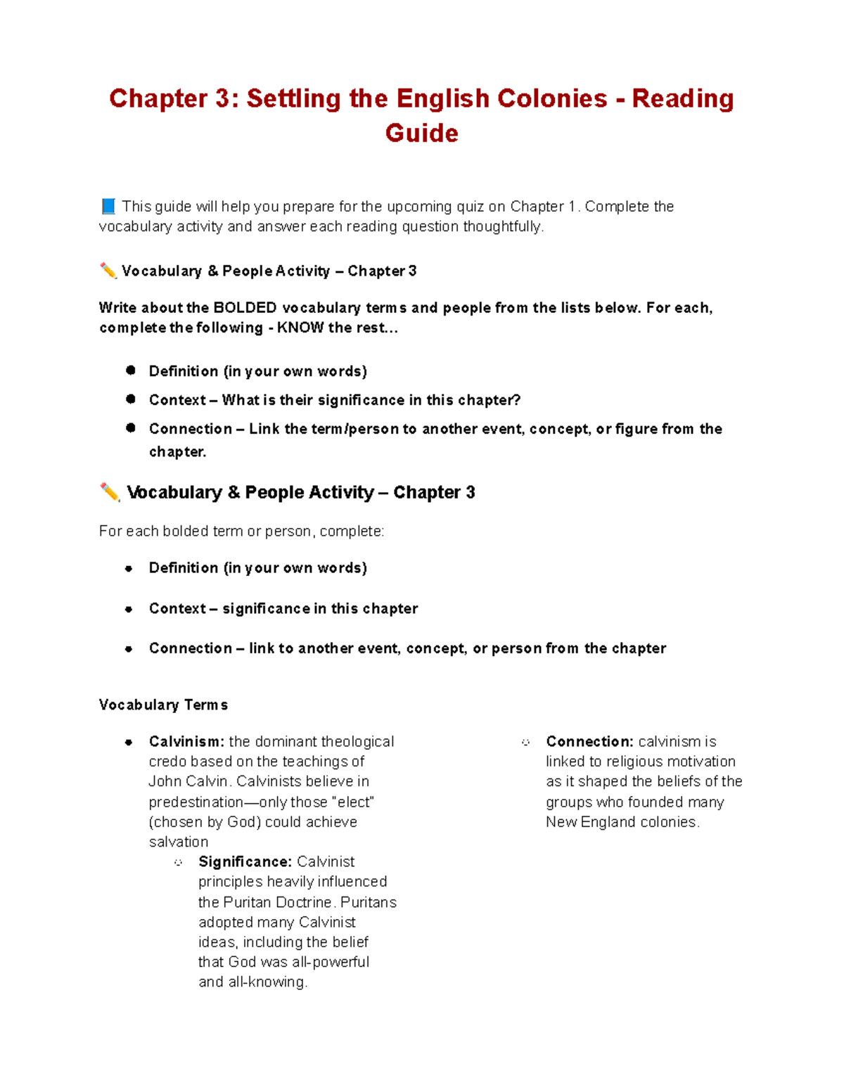 Chapter 3: Settling the English Colonies - APUSH 17e Reading Guide ...