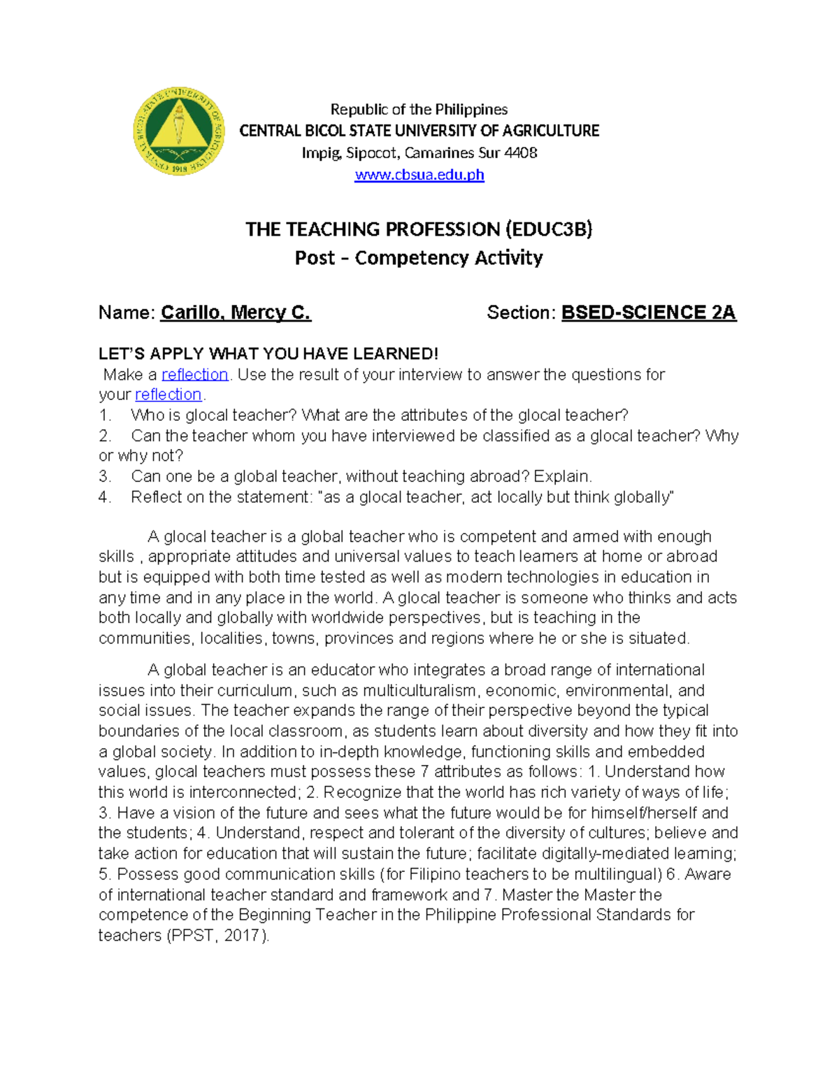 EDUC3B - Reflection Paper - Republic of the Philippines CENTRAL BICOL ...