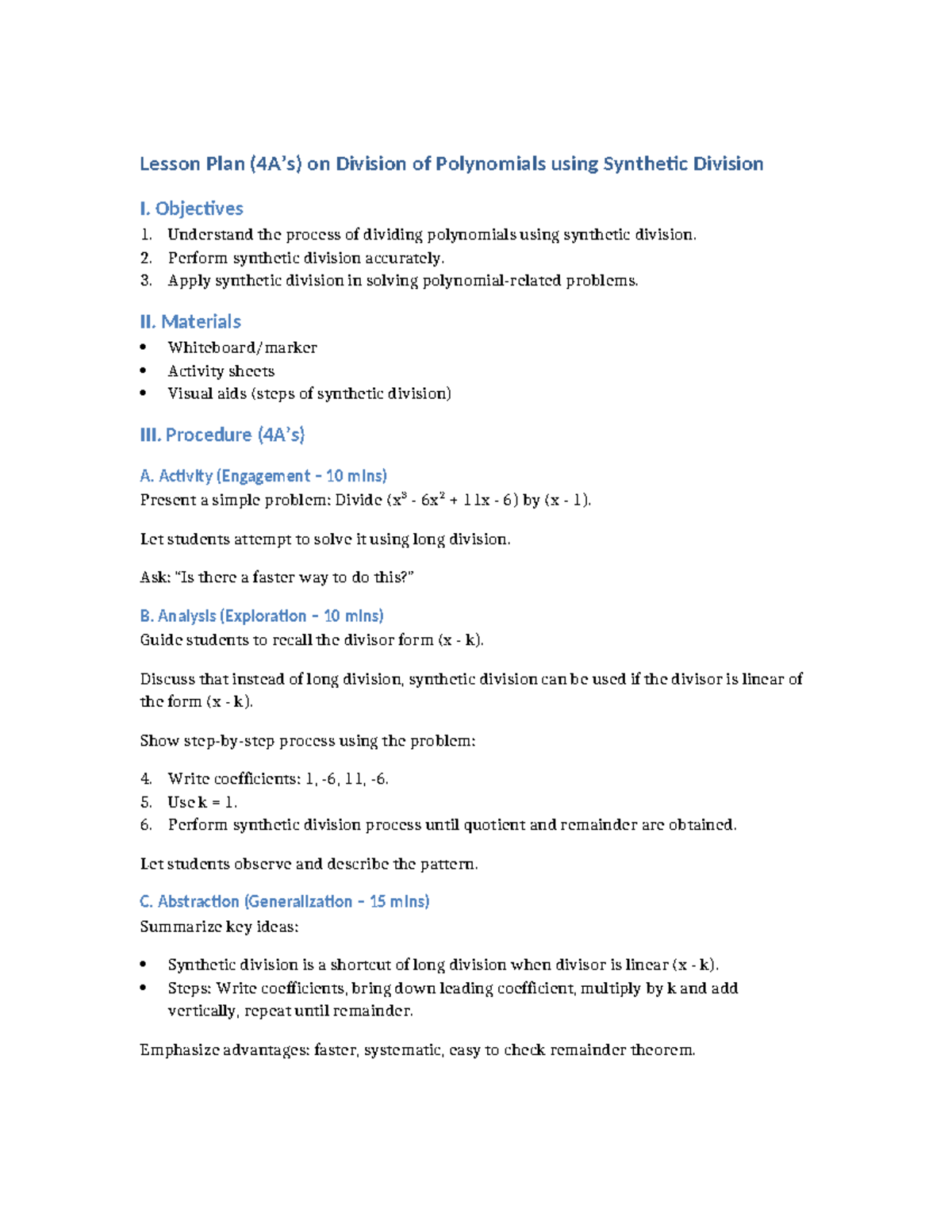 Lesson Plan: Division of Polynomials via Synthetic Division I - Studocu