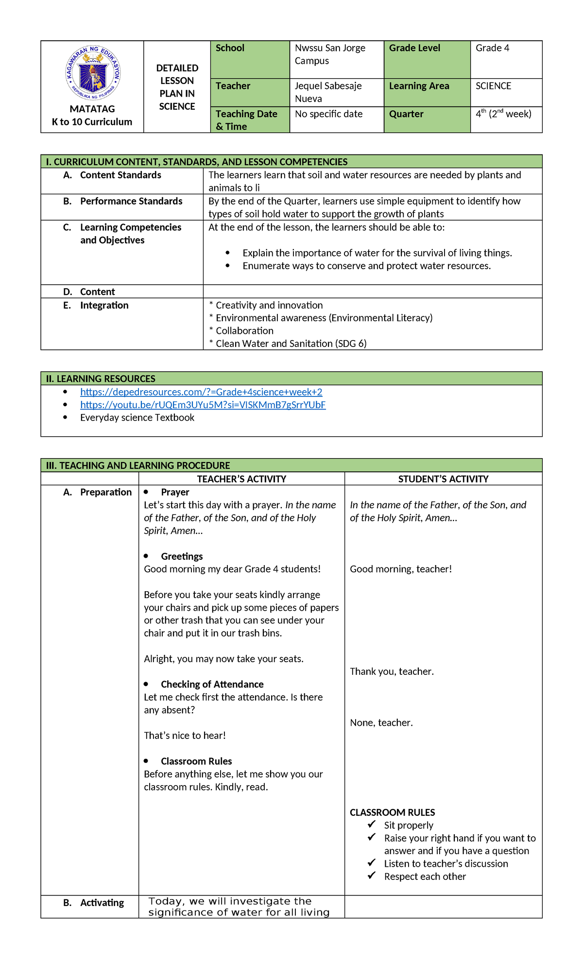 MATATAG K to 10 Curriculum: Detailed Lesson Plan in Science (Grade 4 ...