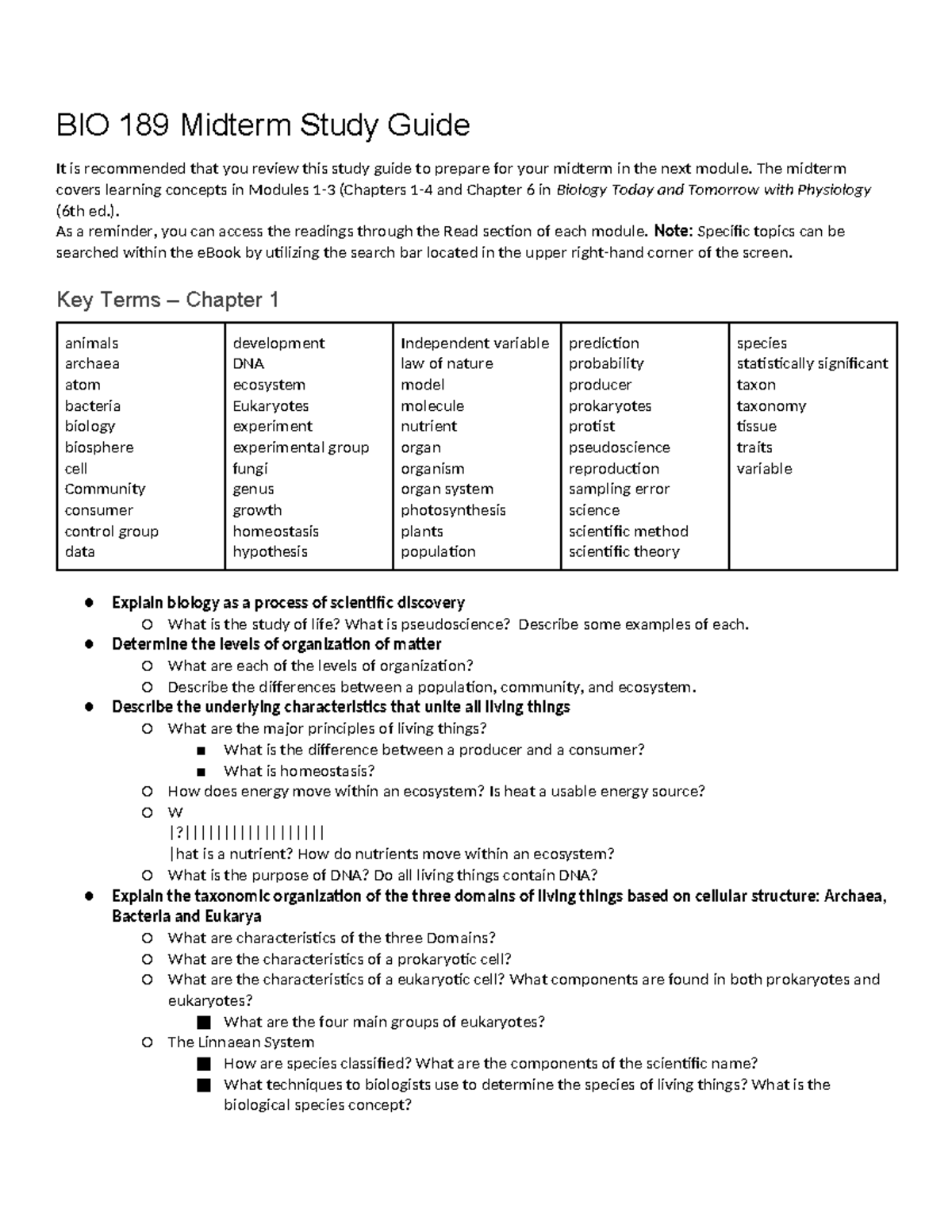 BIO 189 Midterm Exam Study Guide: Key Concepts and Terms Review - Studocu