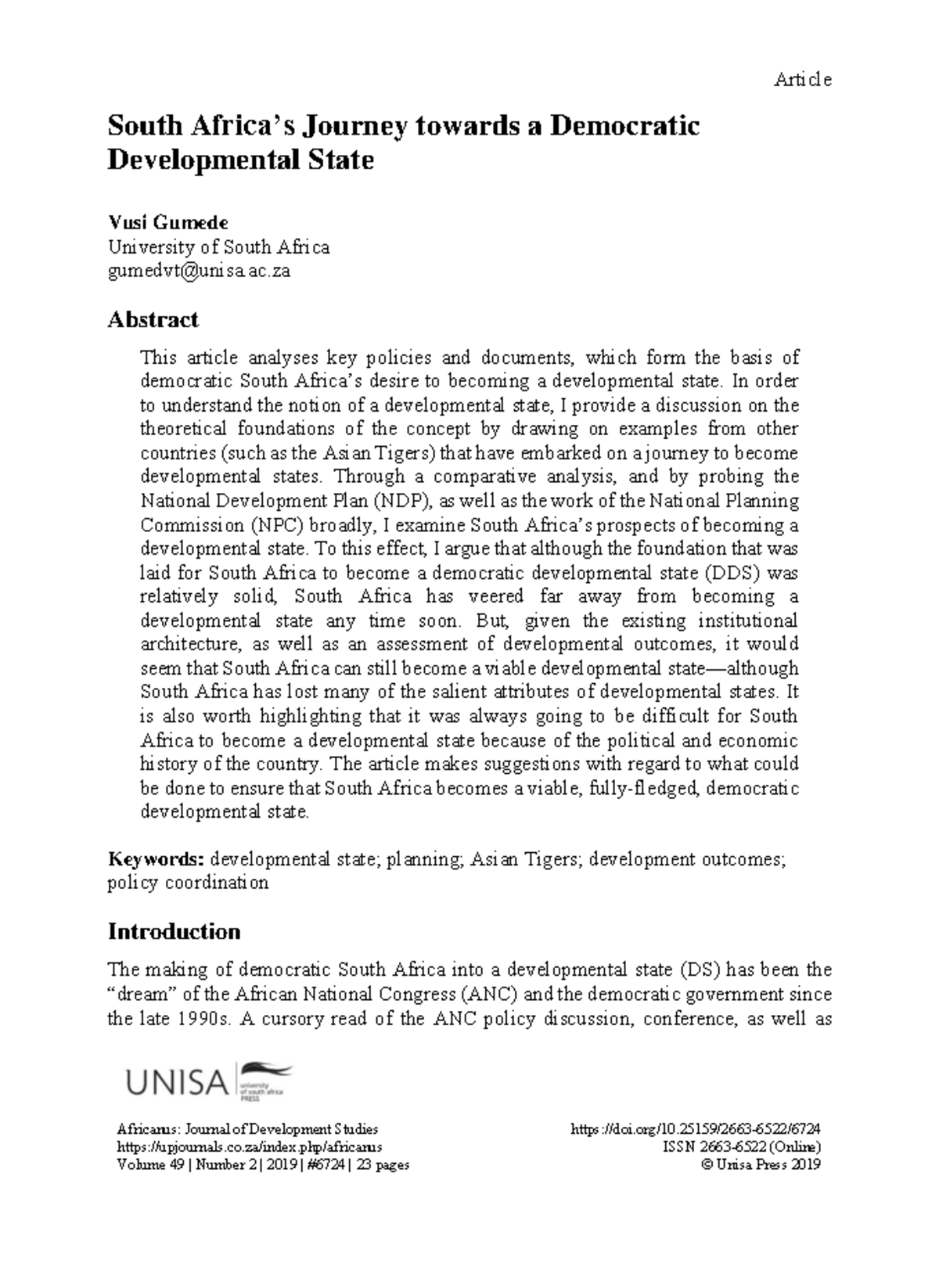 South Africa’s Journey to a Democratic Developmental State: An Analysis ...