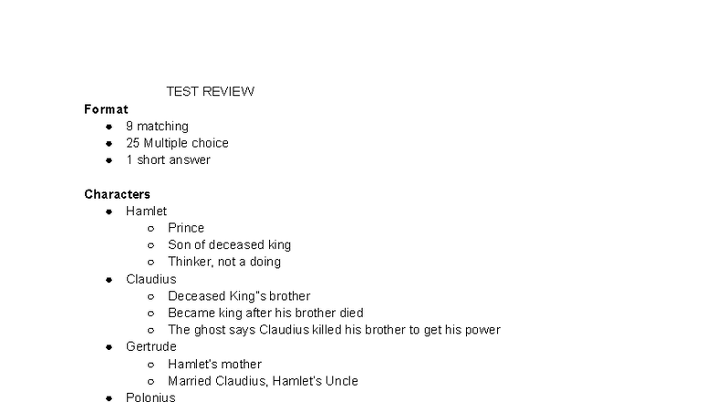 ENG 201: Hamlet Test Review - Key Characters & Plot Summary - Studocu