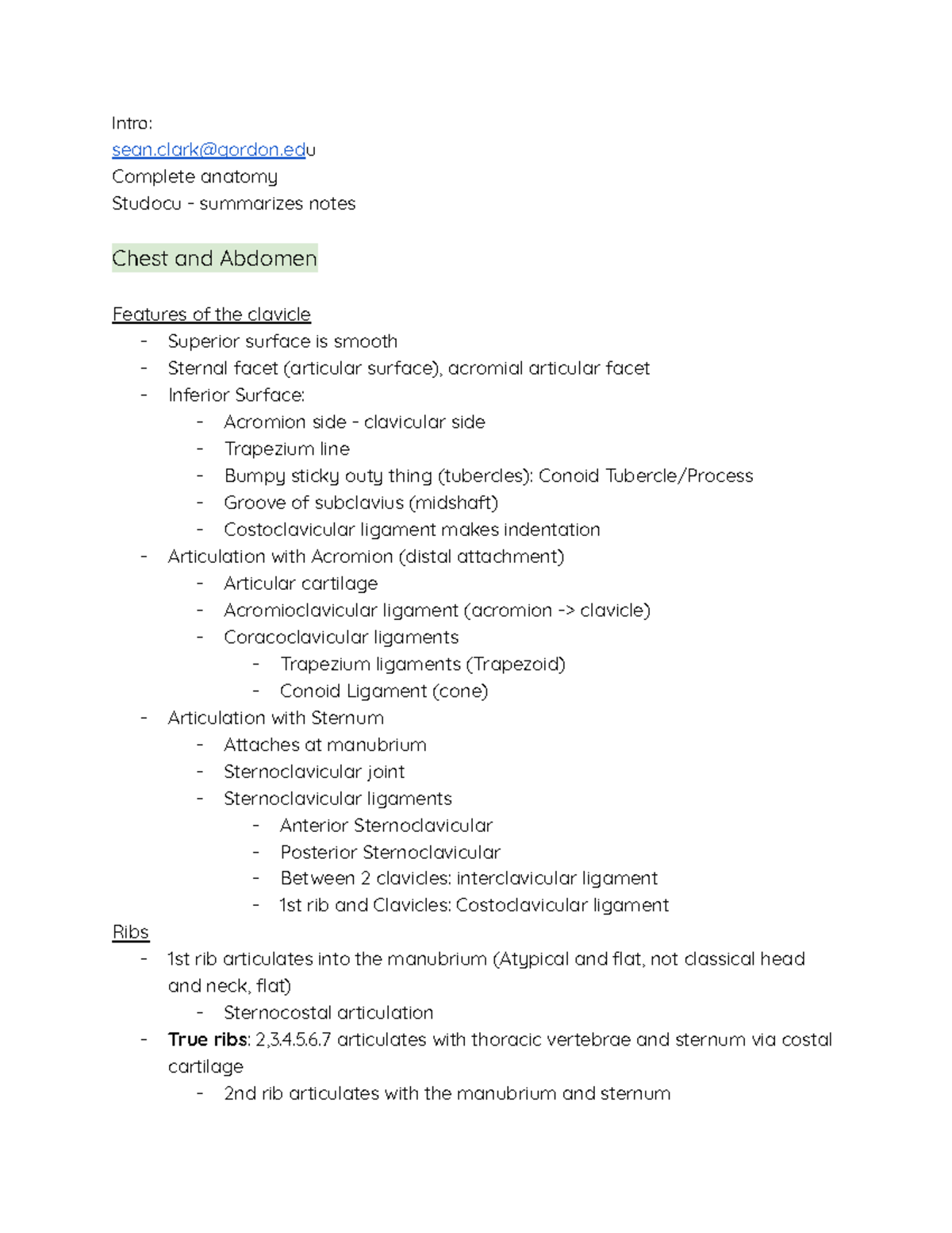 Anatomy of Chest & Abdomen: Course Notes for Anatomy 101 - Studocu