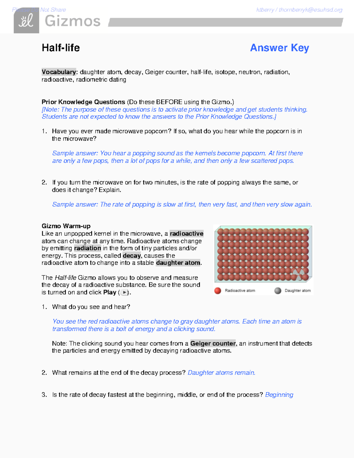 Half-life Gizmos Key: Understanding Radioactive Decay Concepts - Studocu