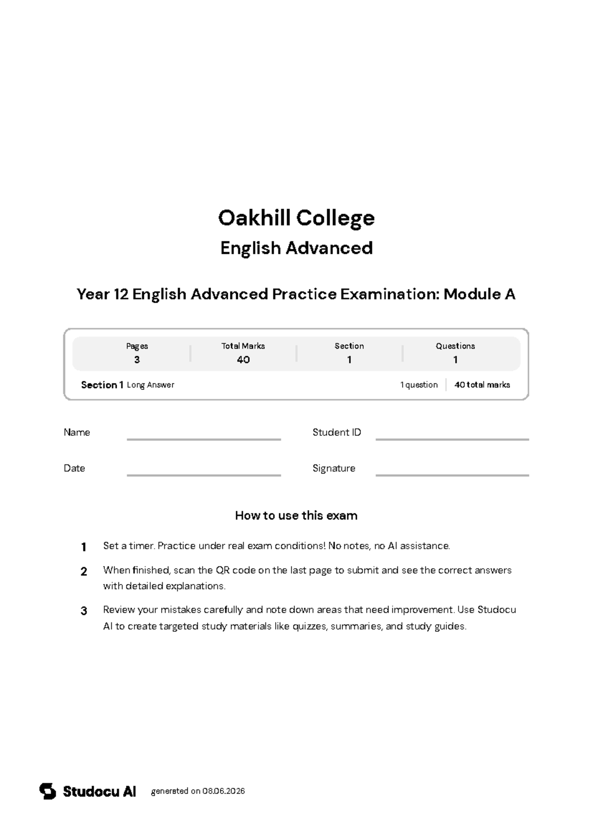 Year 12 English Advanced Practice Exam: Module A - Studocu