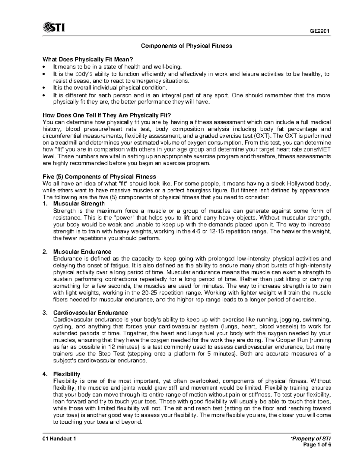 T2 - Components of Physical Fitness - GE 01 Handout 1 *Property of STI ...