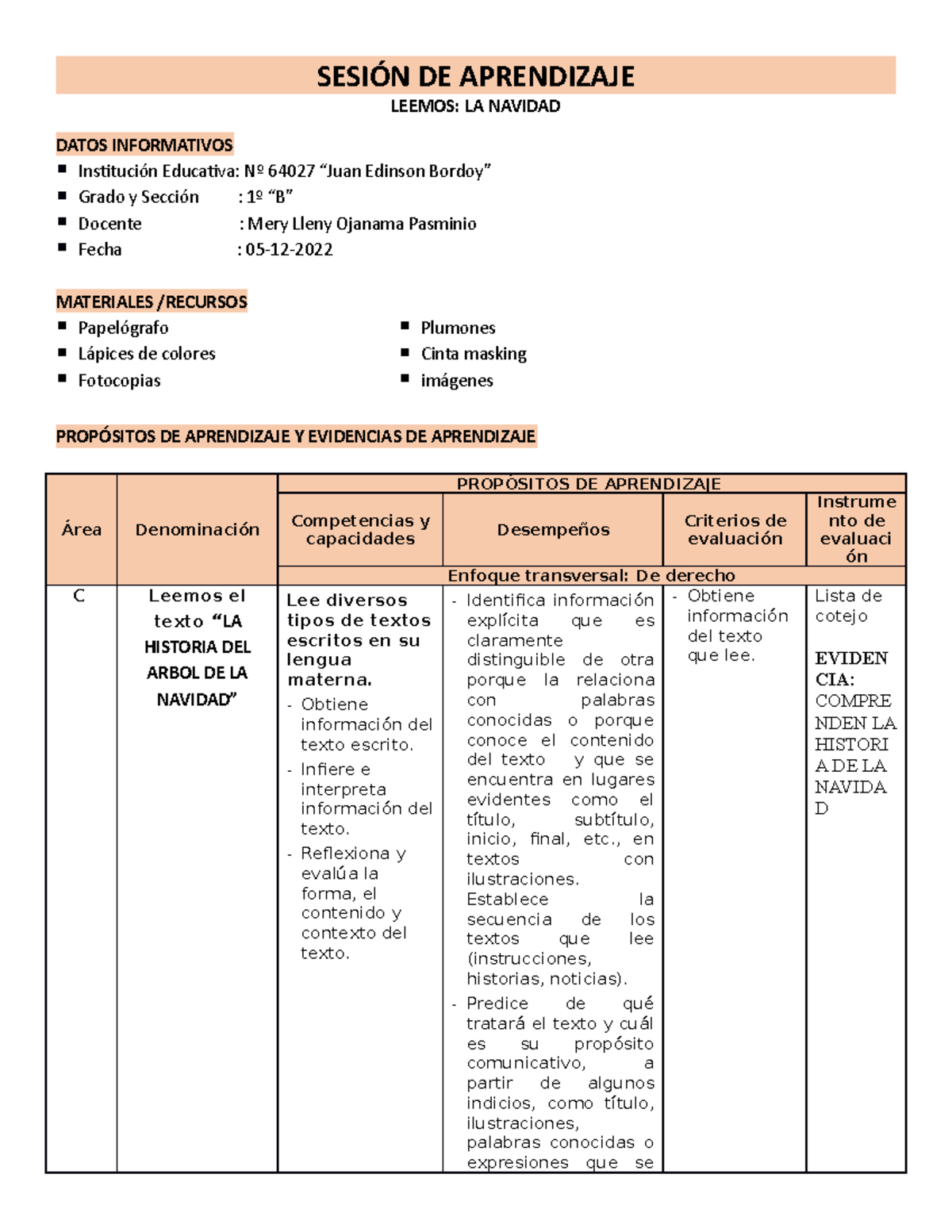 LA NAVIDAD: PROPÓSITOS Y EVIDENCIAS DE APRENDIZAJE - 1º "B" - Studocu