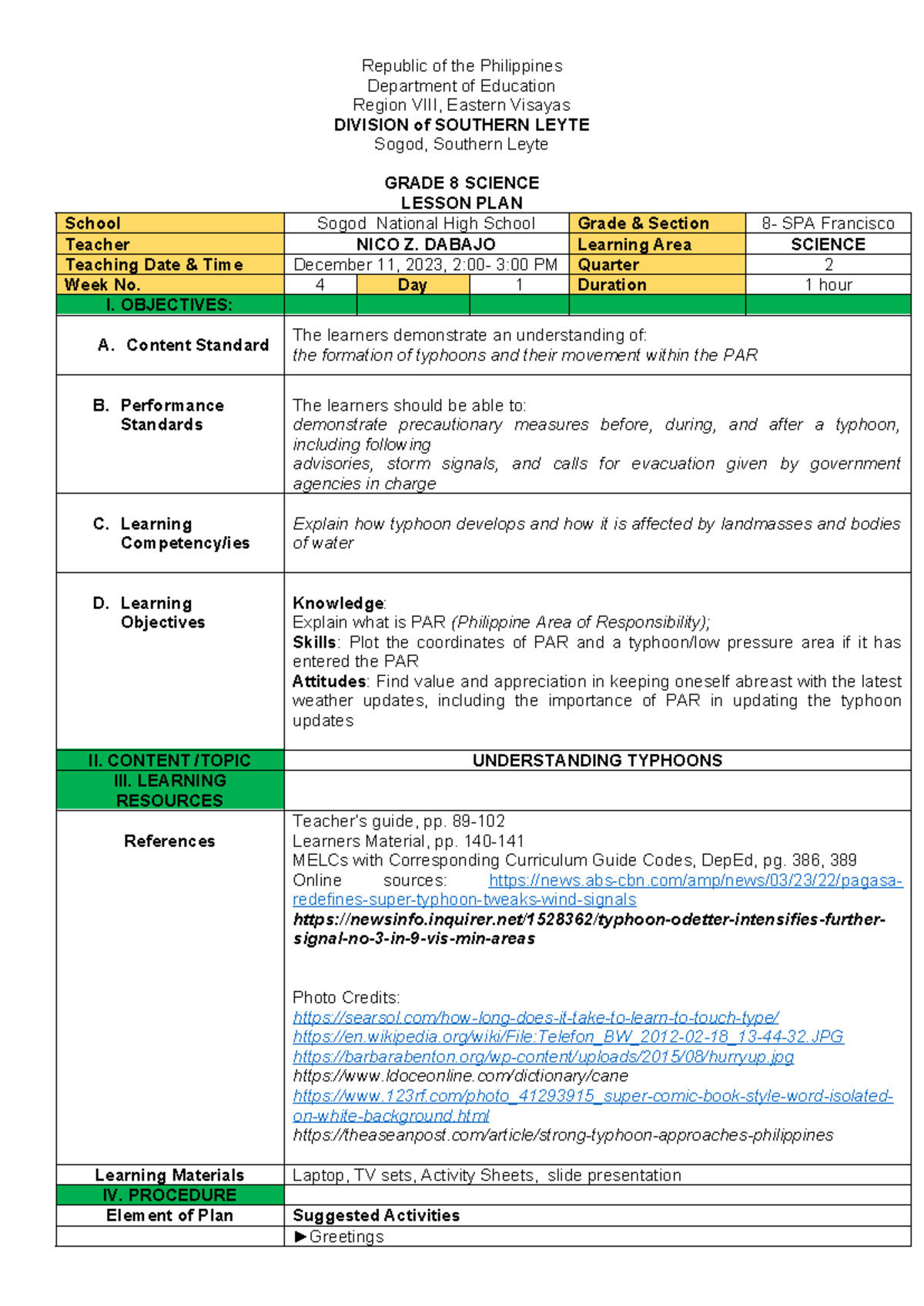 Grade 8 Science Lesson Plan: Understanding Typhoons (Nico-COT 2 SY 2023 ...